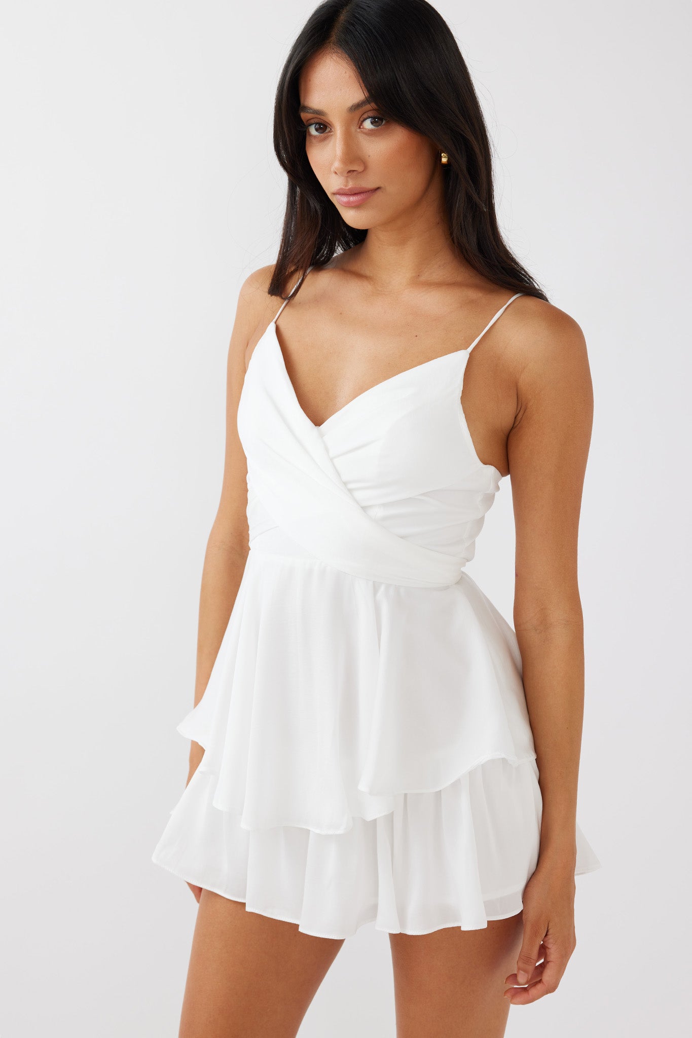 Shop the It's Complicated Crossover Bodice Flounce Romper White