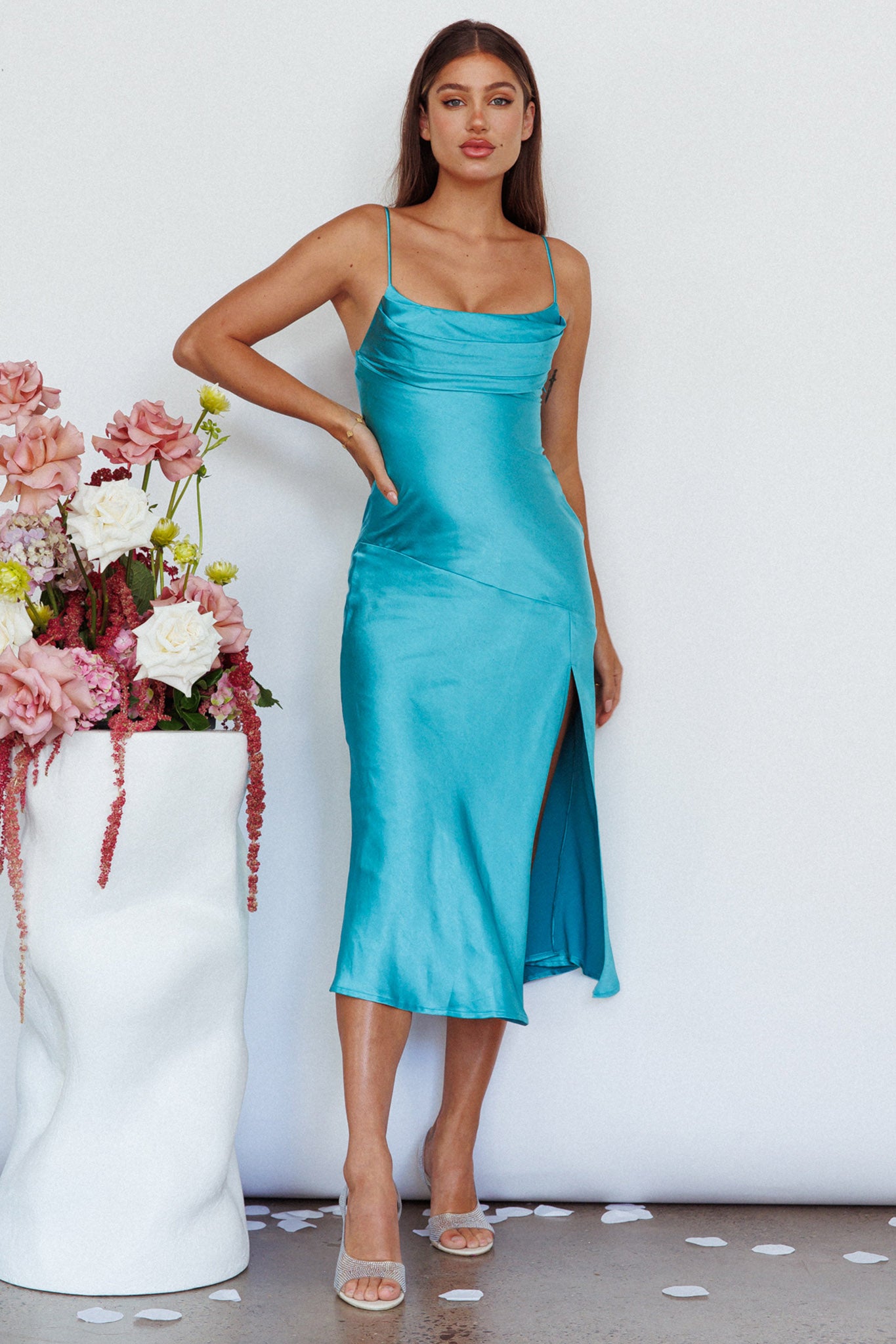 Shop the Well Versed Pleated Bust Front Split Dress Aqua