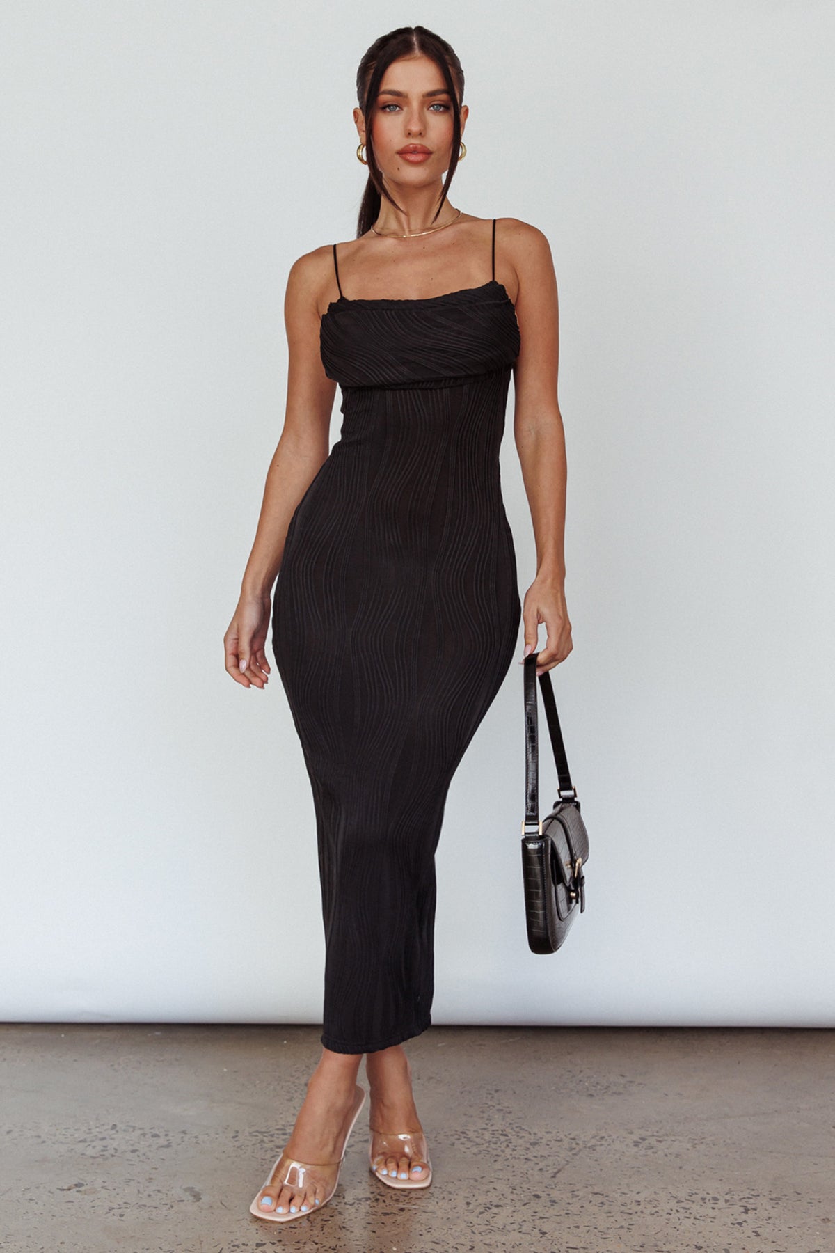Shop the Well Versed Pleated Bust Textured Maxi Dress Black