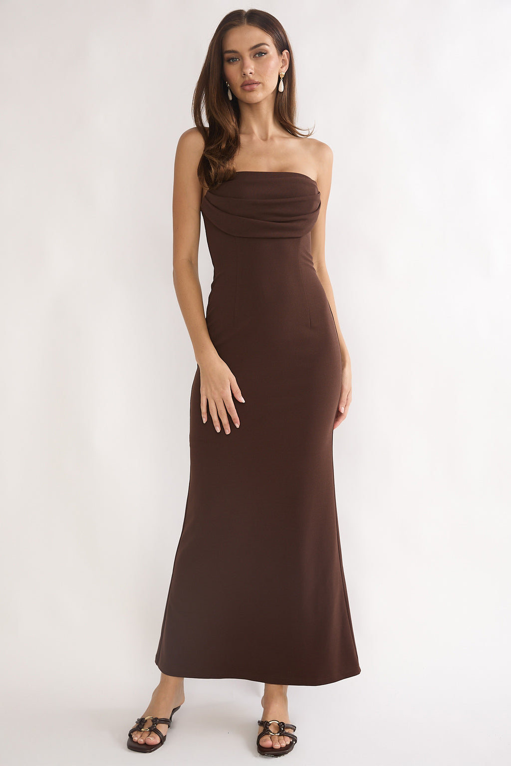 Well Versed Strapless Pleat Bust Maxi Dress Chocolate | Selfie Leslie
