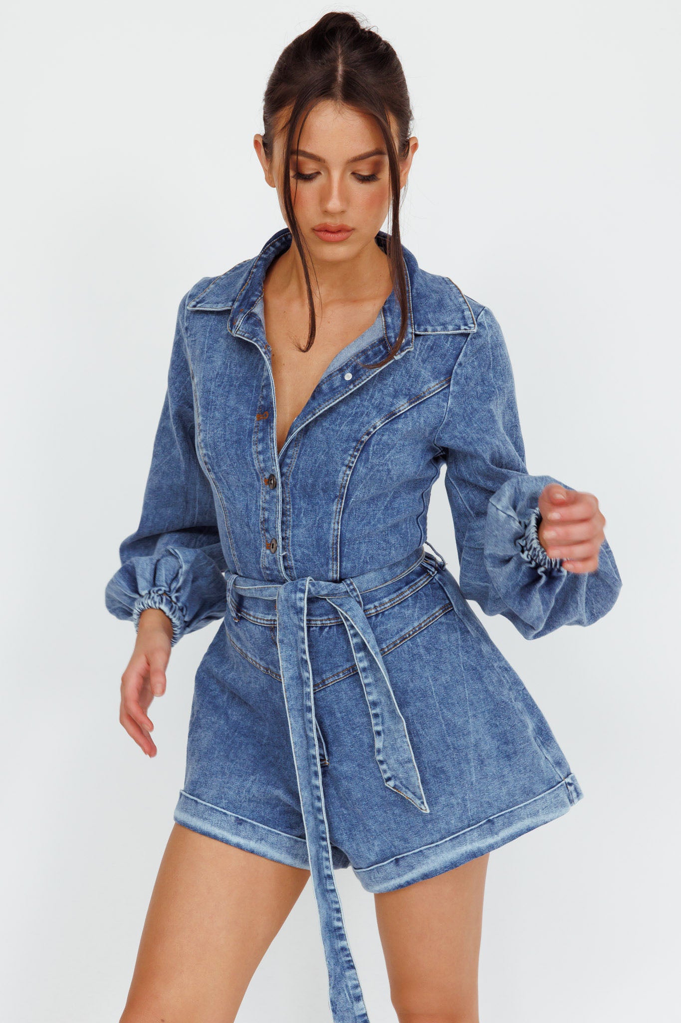 Shop the New Day Long Sleeve Button-Up Romper Denim | Selfie Leslie