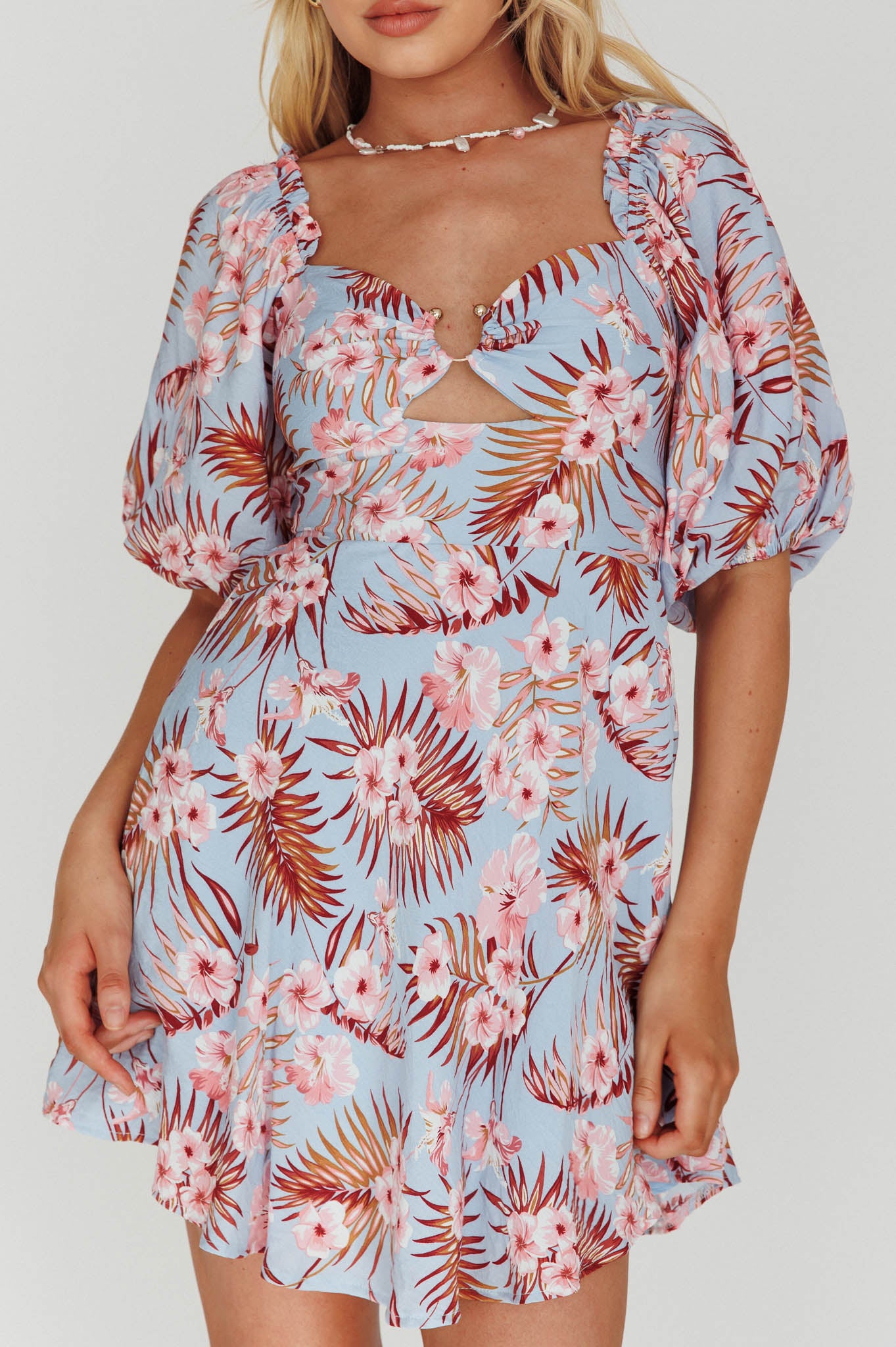 Shop the Alpha Cut-Out Bodice Mini Dress Floral Blue