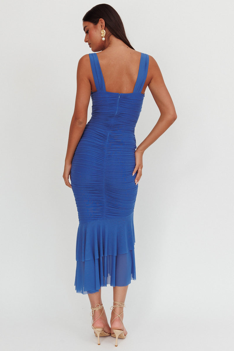 Shop the Nadia Ruched Fishtail Maxi Dress Blue