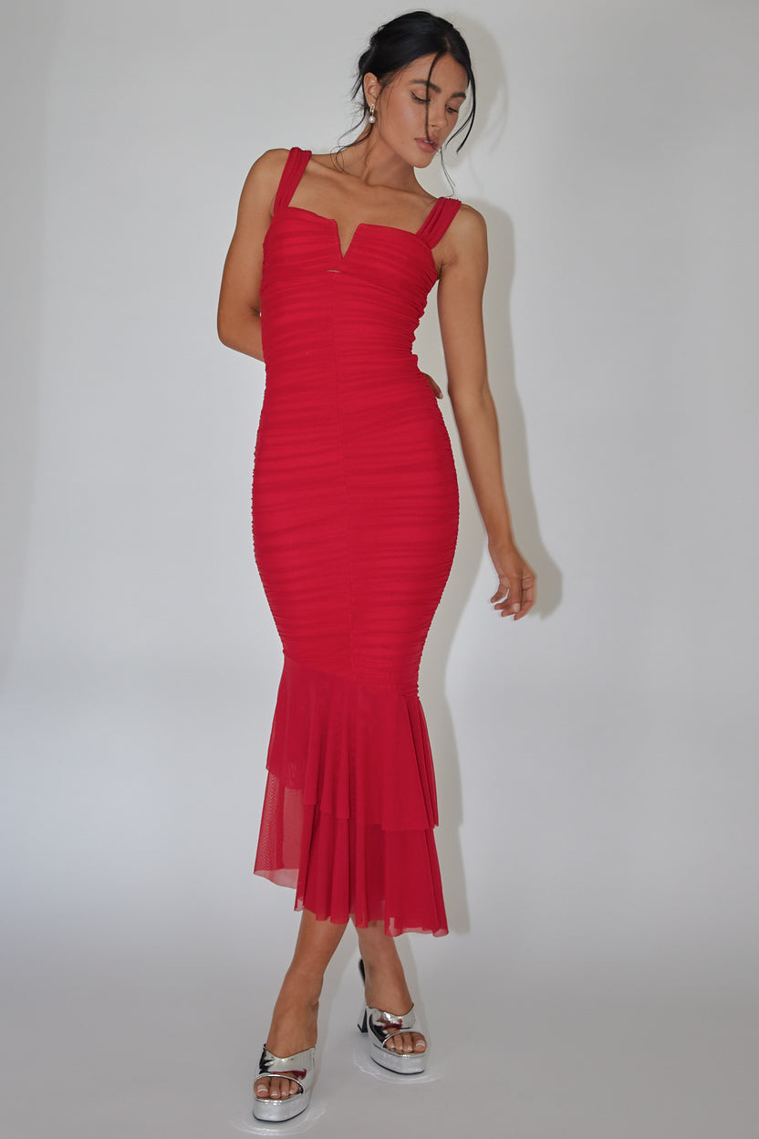 Nadia Ruched Fishtail Maxi Dress Red– Selfie Leslie