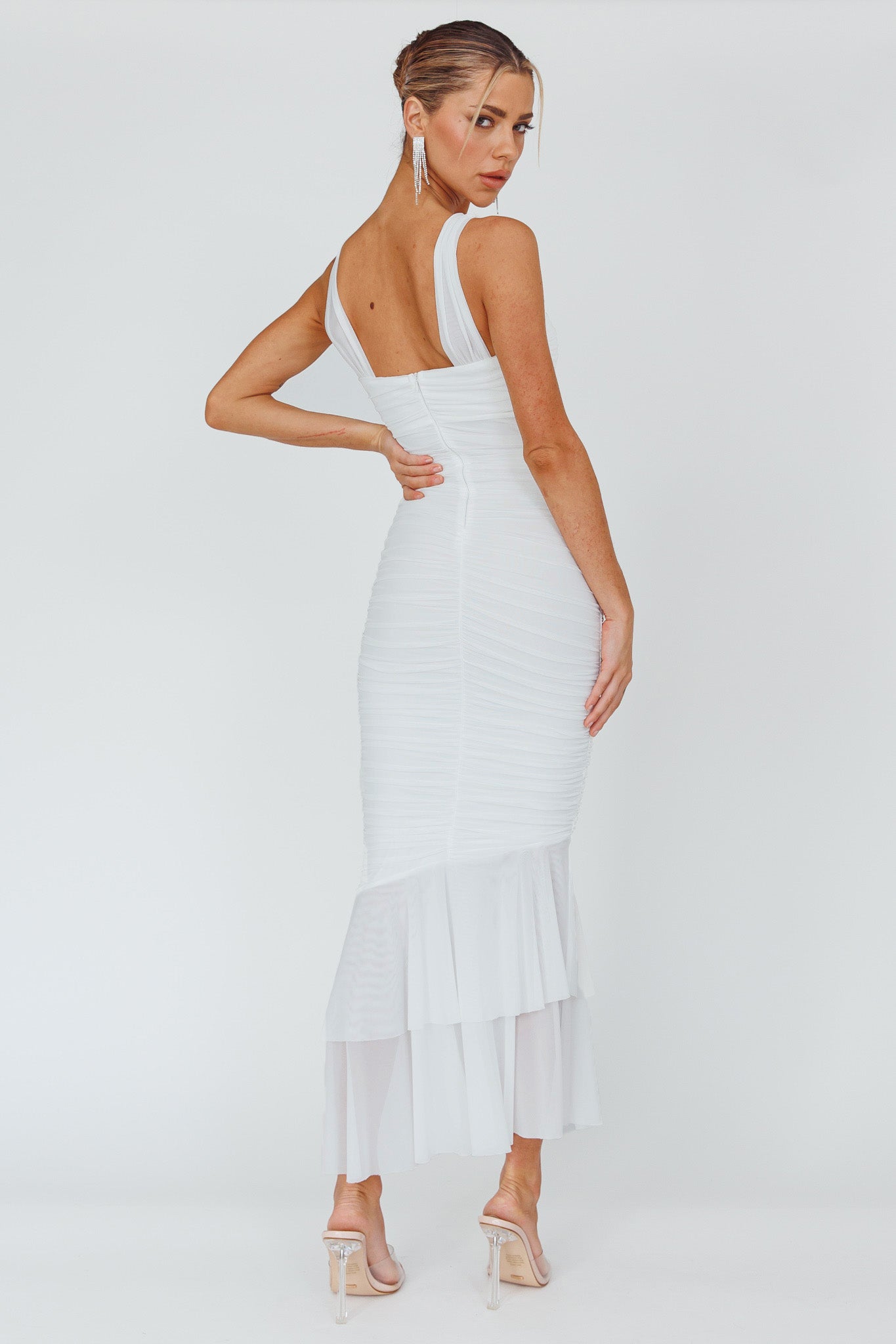 Shop the Nadia Ruched Fishtail Maxi Dress White