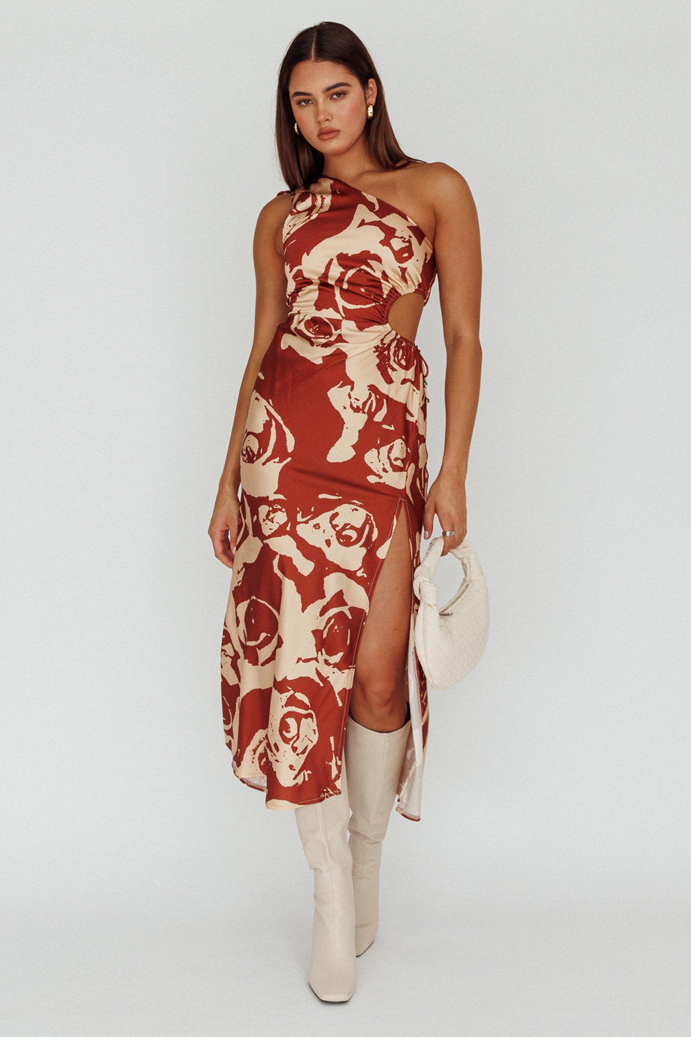 Charisma One-Shoulder Cut-Out Midi Dress Floral Coffee– Selfie Leslie