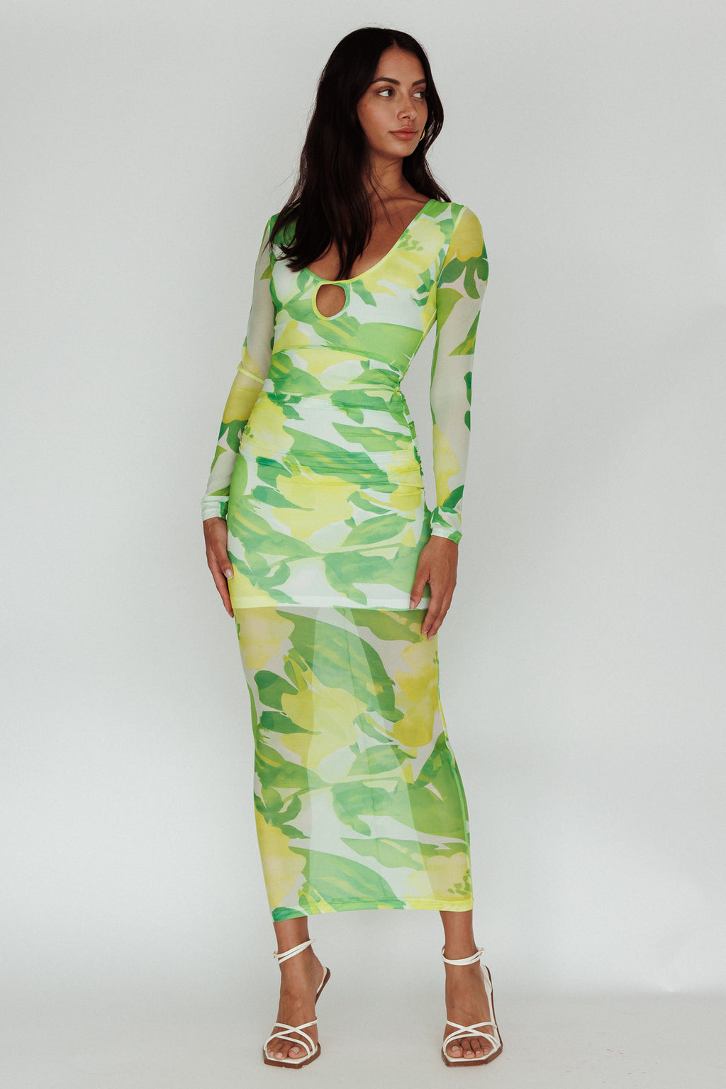 Chardae Long Sleeve Mesh Midi Dress Floral Green– Selfie Leslie