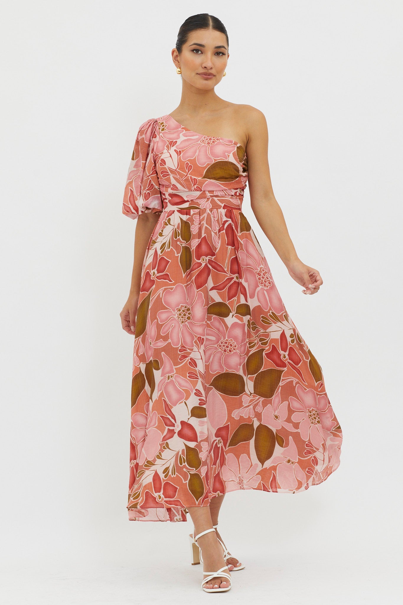 Shop the Jayni Puffed One Shoulder Midi Dress Red