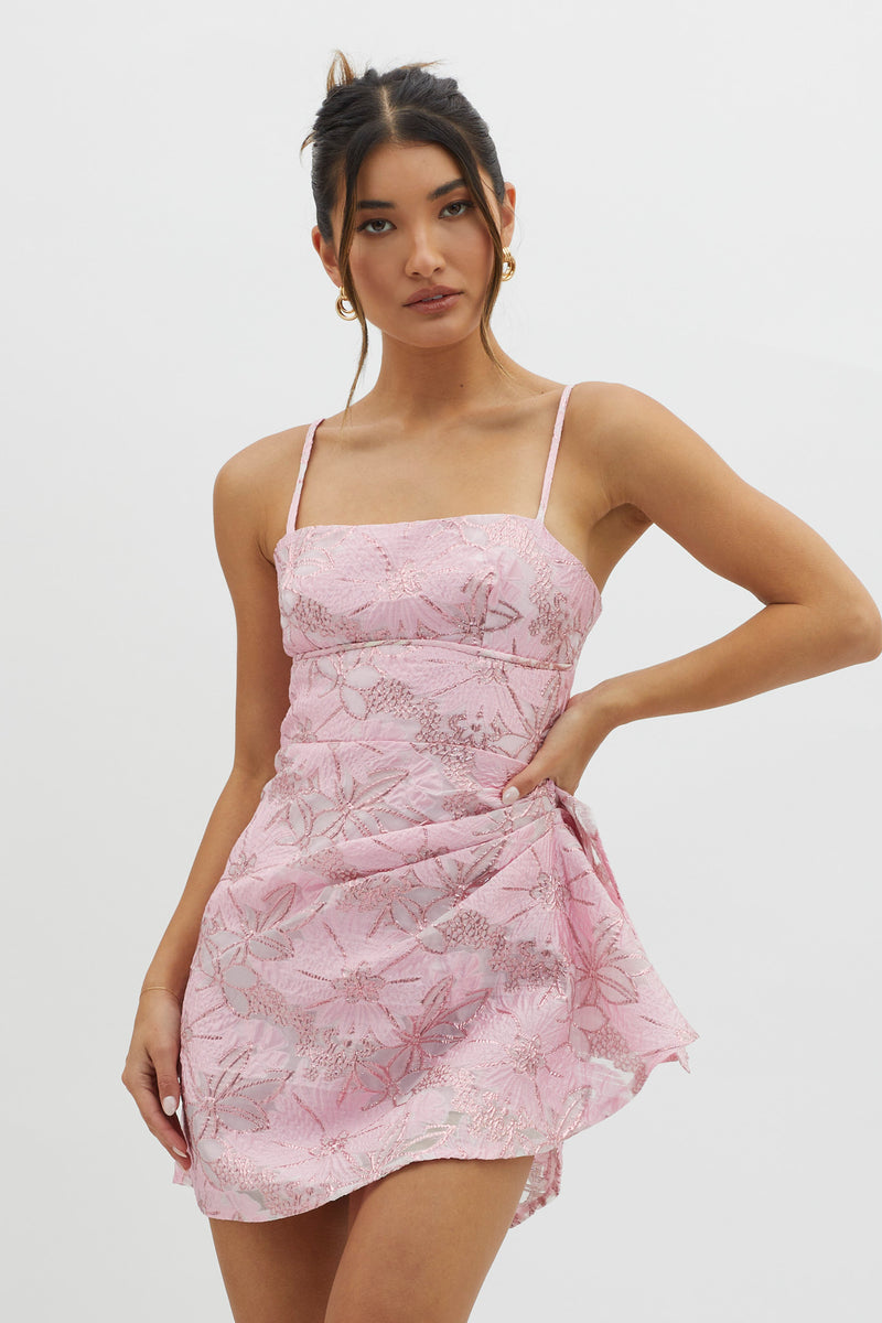 Shop the Sterling Gathered Waist Embroidery Mini Dress Pink