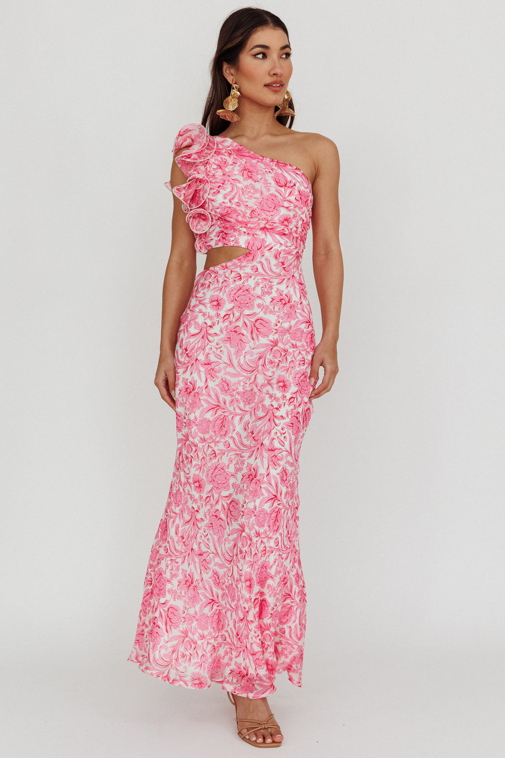 Deanna One-Shoulder Ruffle Midi Dress Floral Pink | Selfie Leslie