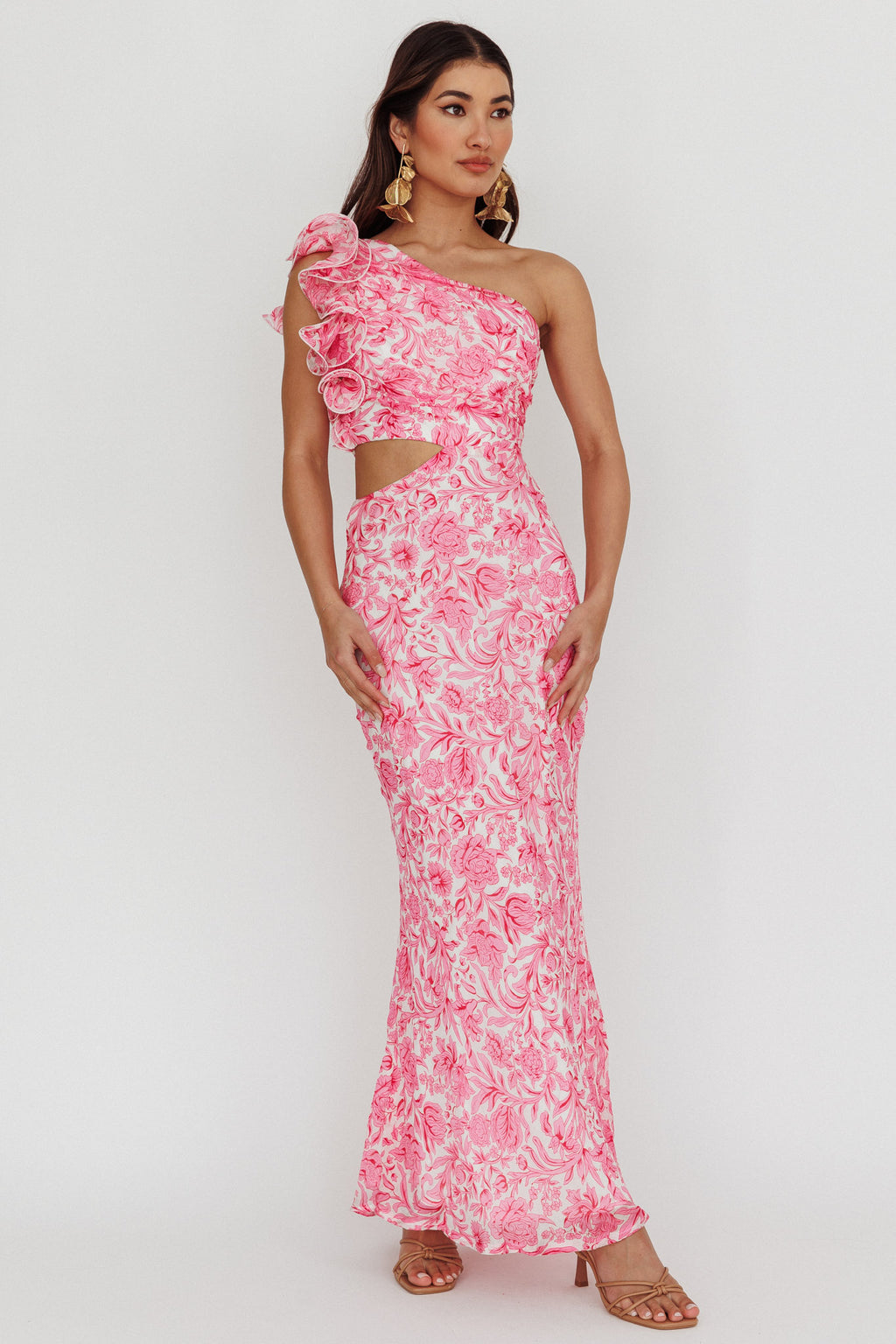 Deanna One-Shoulder Ruffle Midi Dress Floral Pink | Selfie Leslie