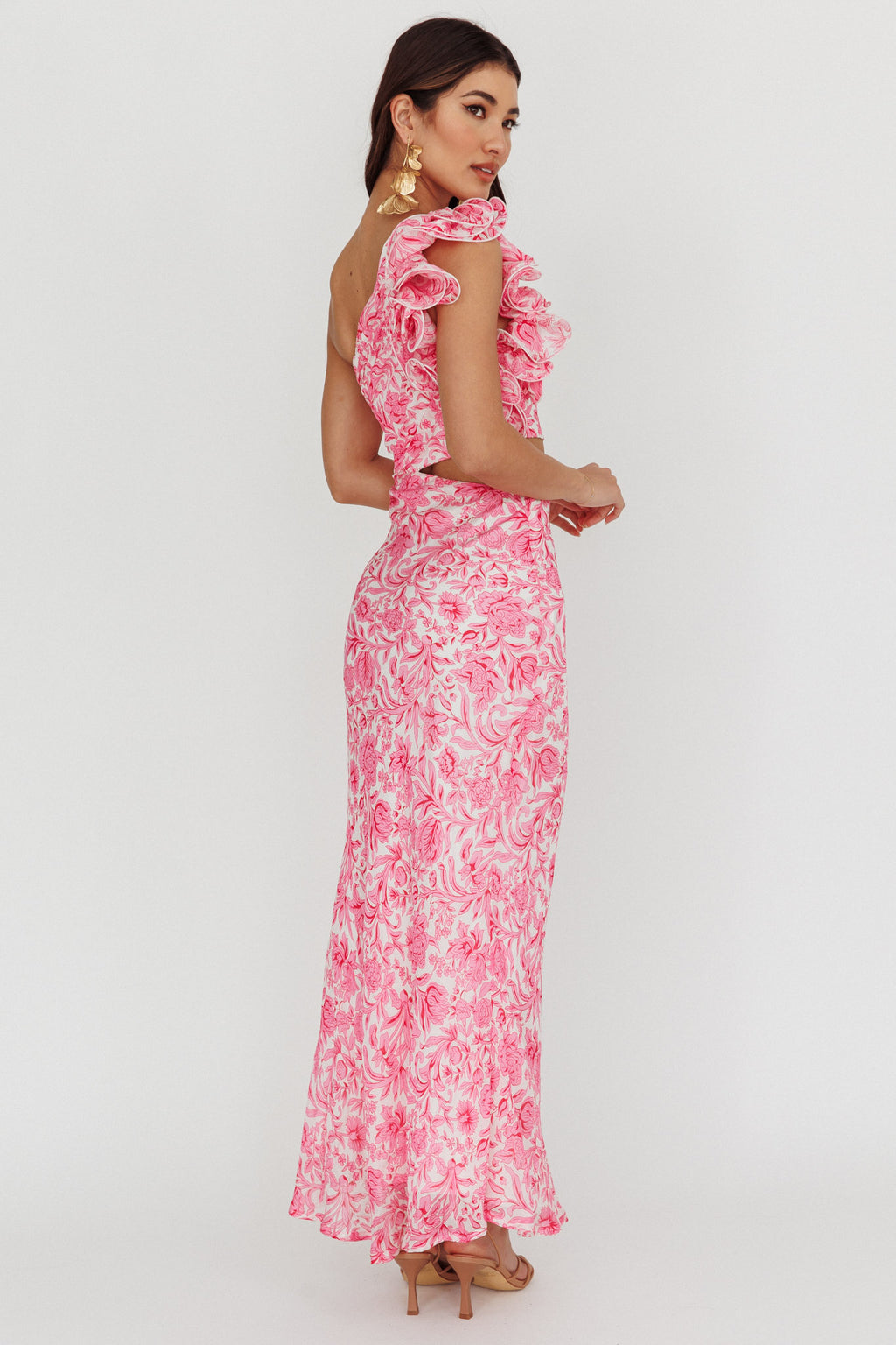 Deanna One-Shoulder Ruffle Midi Dress Floral Pink | Selfie Leslie