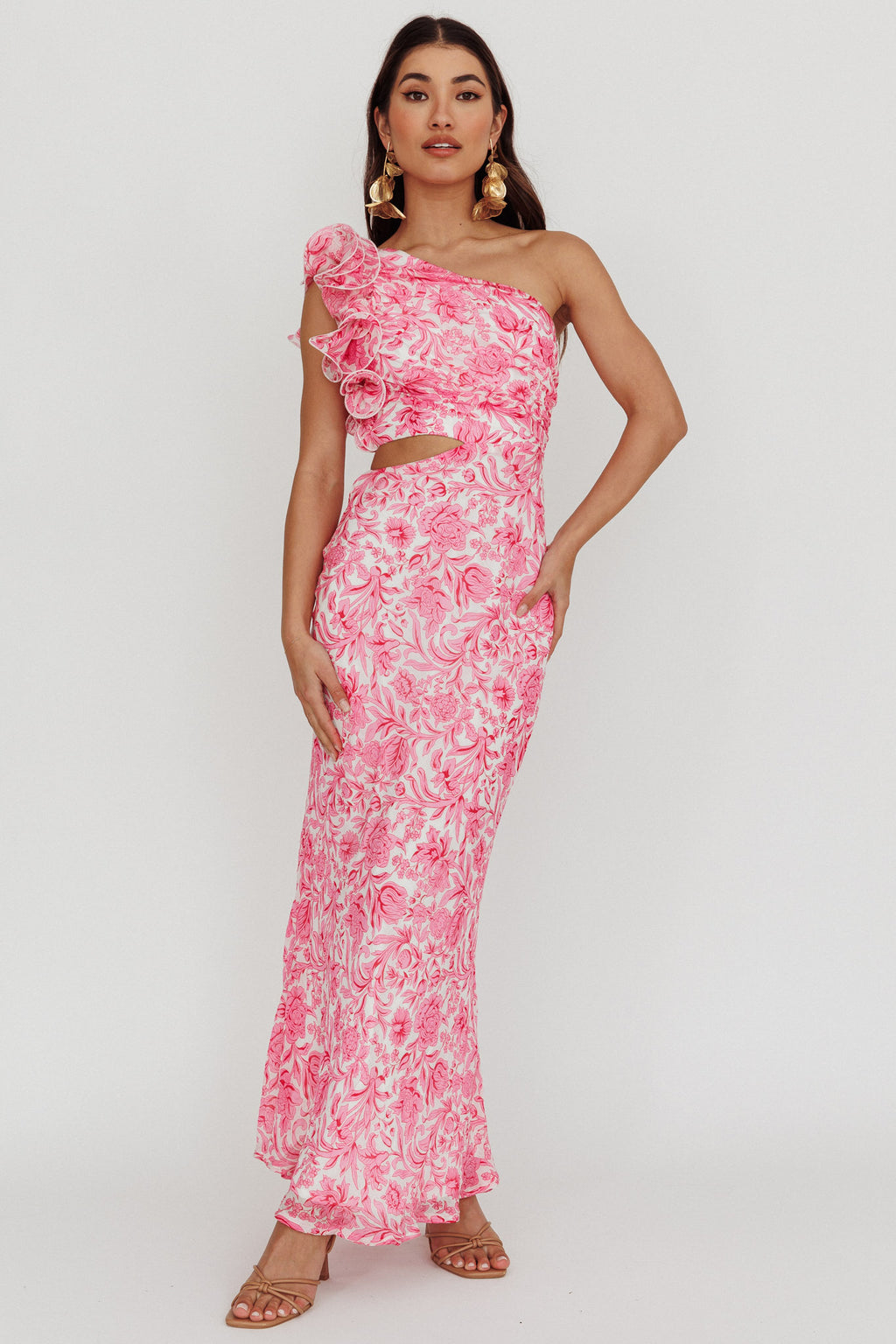 Deanna One-Shoulder Ruffle Midi Dress Floral Pink | Selfie Leslie