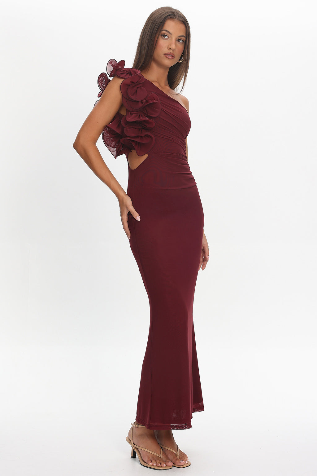 Shop the Deanna One-Shoulder Ruffle Maxi Dress Wine