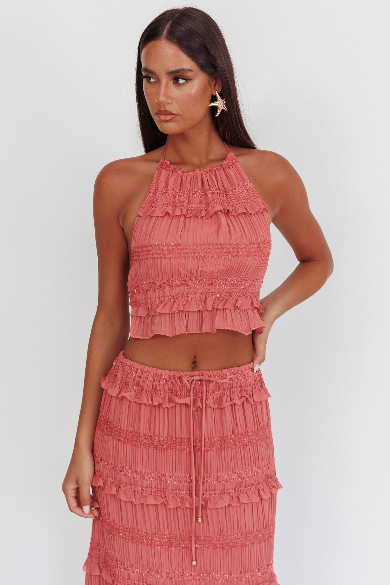 Helios Halterneck Shirred Sequin Top Rose | Selfie Leslie