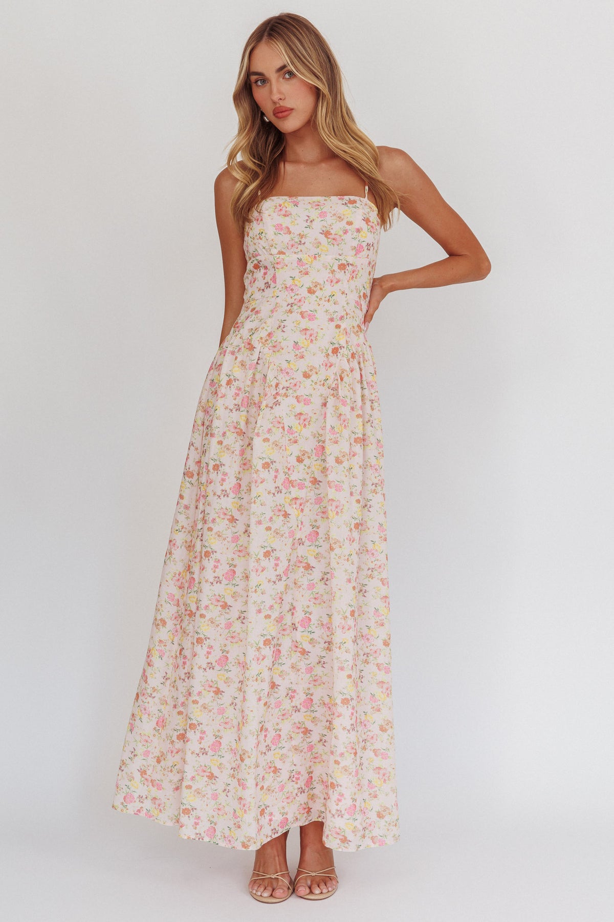 Daisy Day Basque Waist Maxi Dress Floral Pink | Selfie Leslie