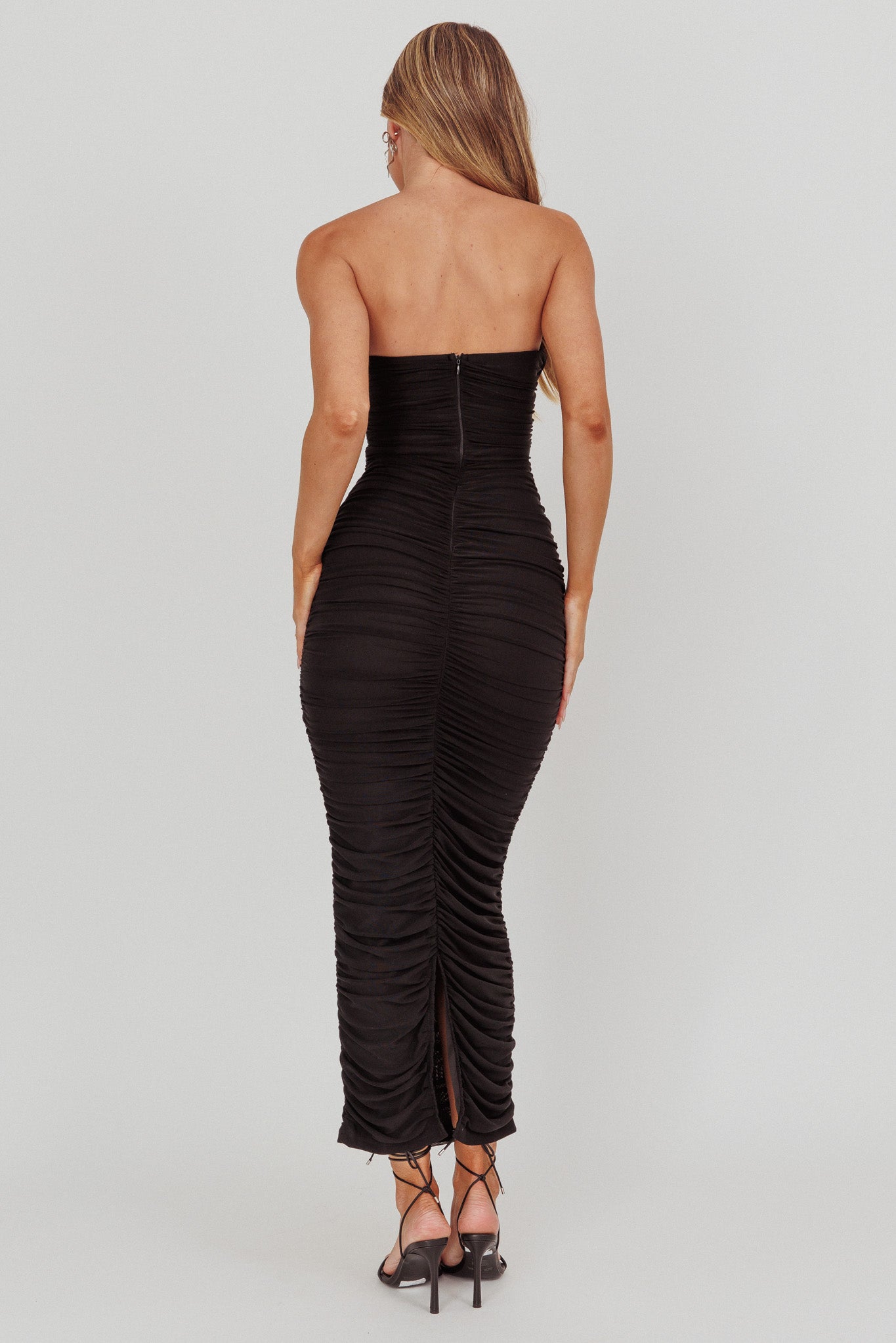 Midwest Strapless Gathered Mesh Maxi Dress Black– Selfie Leslie