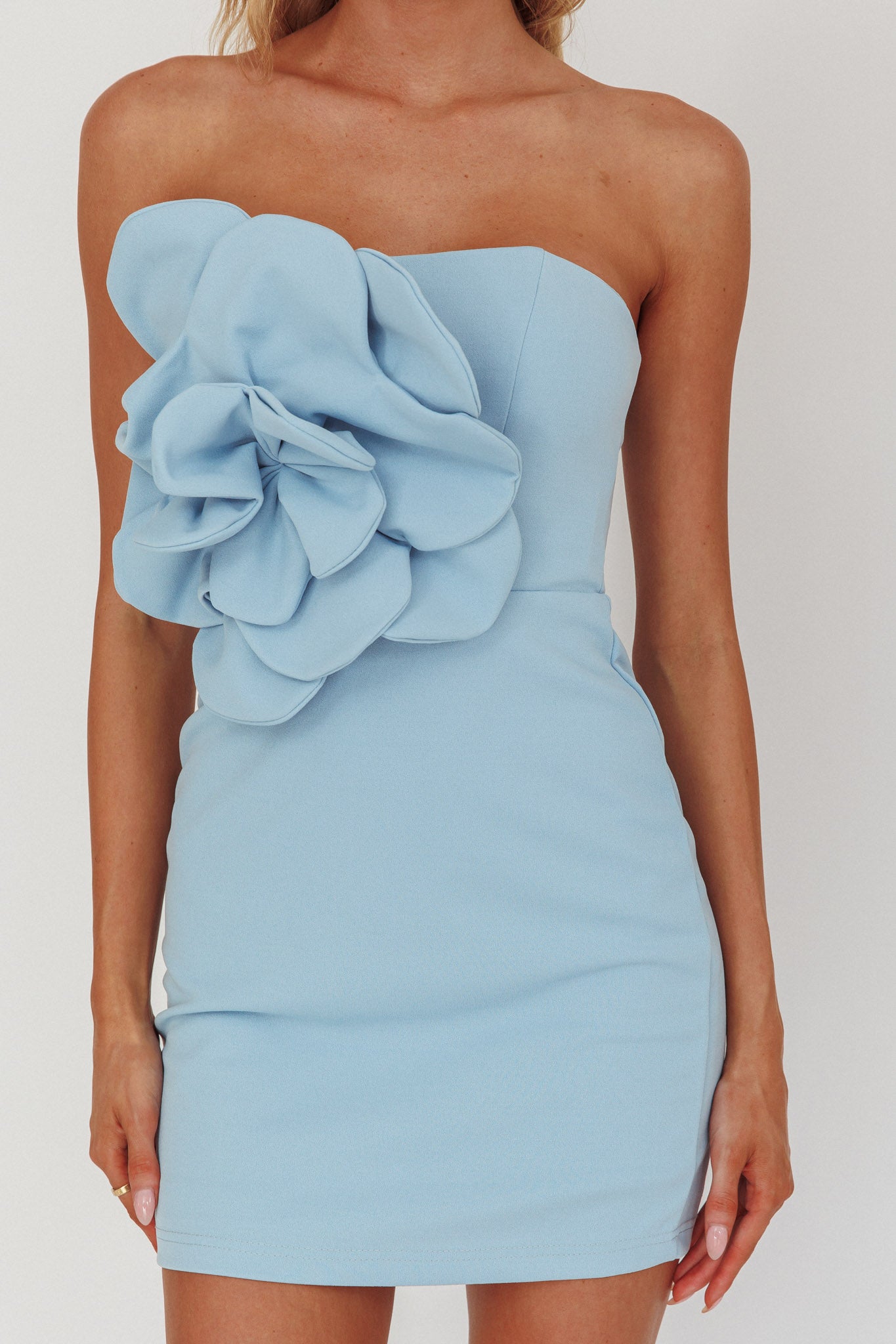 Shop the Karoline 3D Flower Strapless Mini Dress Blue