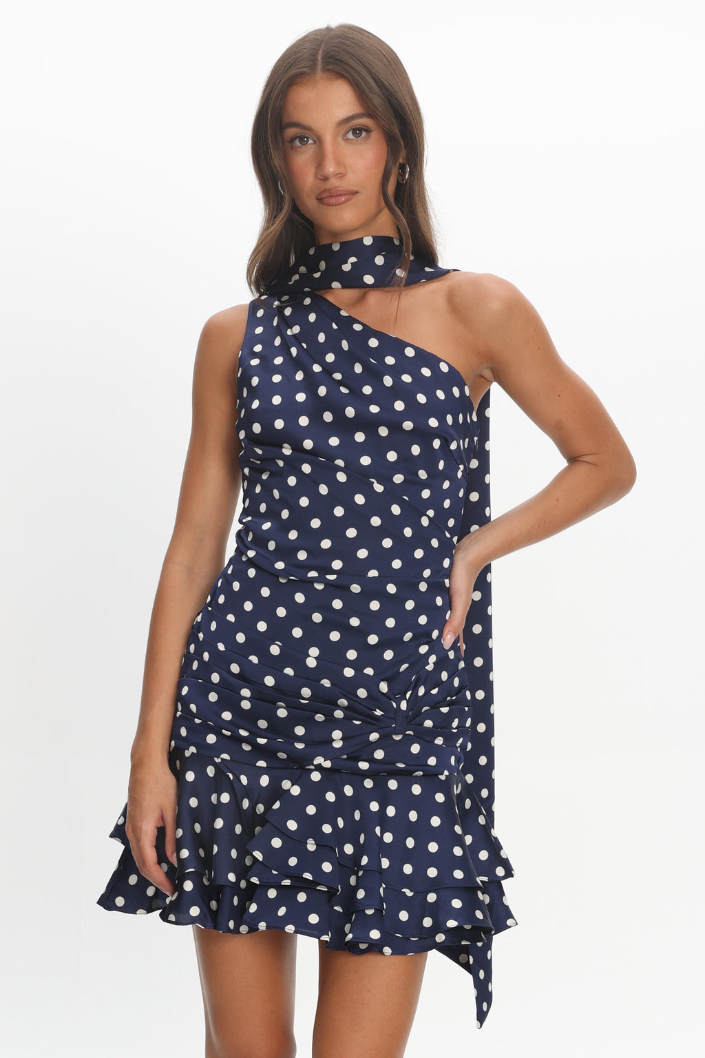 Truett One-Shoulder Sash Mini Dress Polka Dot Navy | Selfie Leslie