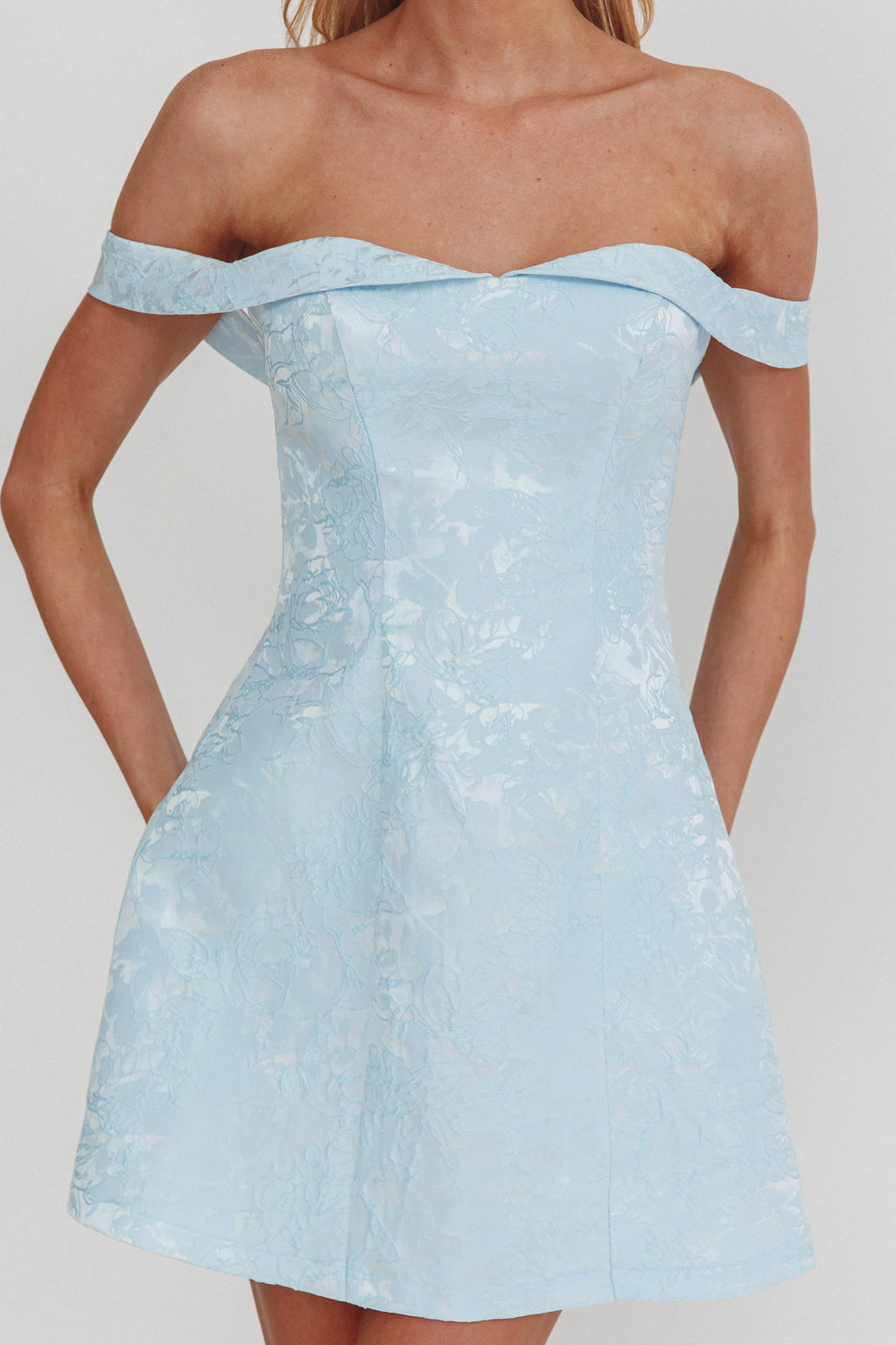 Mikado Off-Shoulder Foldover Mini Dress Jacquard Blue– Selfie Leslie