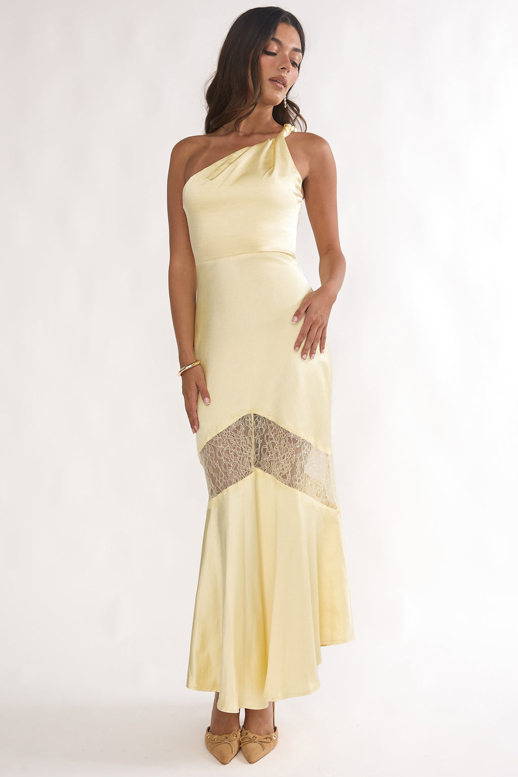 Avielle Lace Trim One-Shoulder Maxi Dress Butter– Selfie Leslie