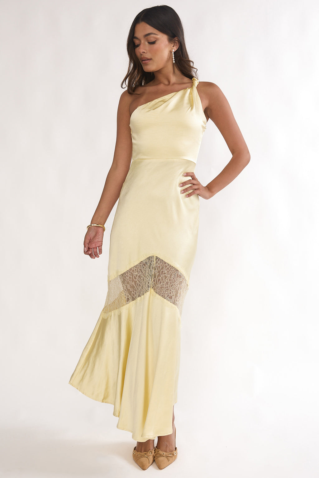 Avielle Lace Trim One-Shoulder Maxi Dress Butter– Selfie Leslie