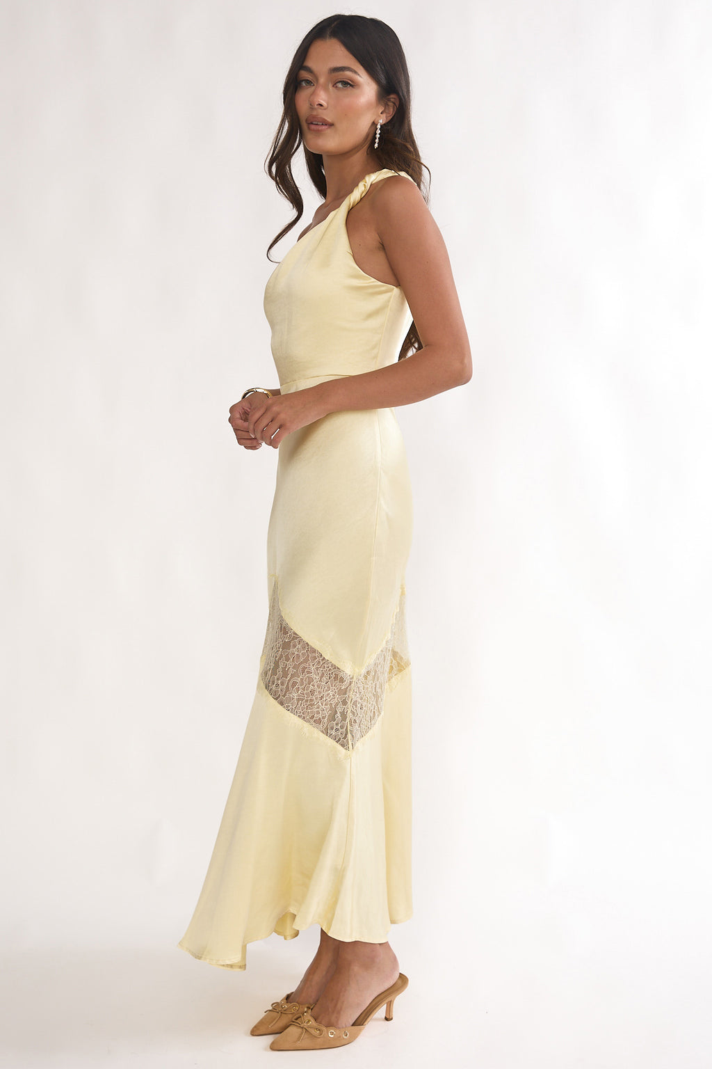 Avielle Lace Trim One-Shoulder Maxi Dress Butter– Selfie Leslie
