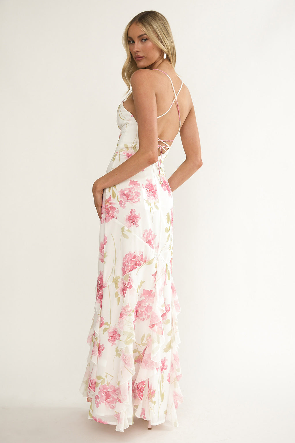 Charlisa Strappy Back Ruffle Maxi Dress Flowers White– Selfie Leslie