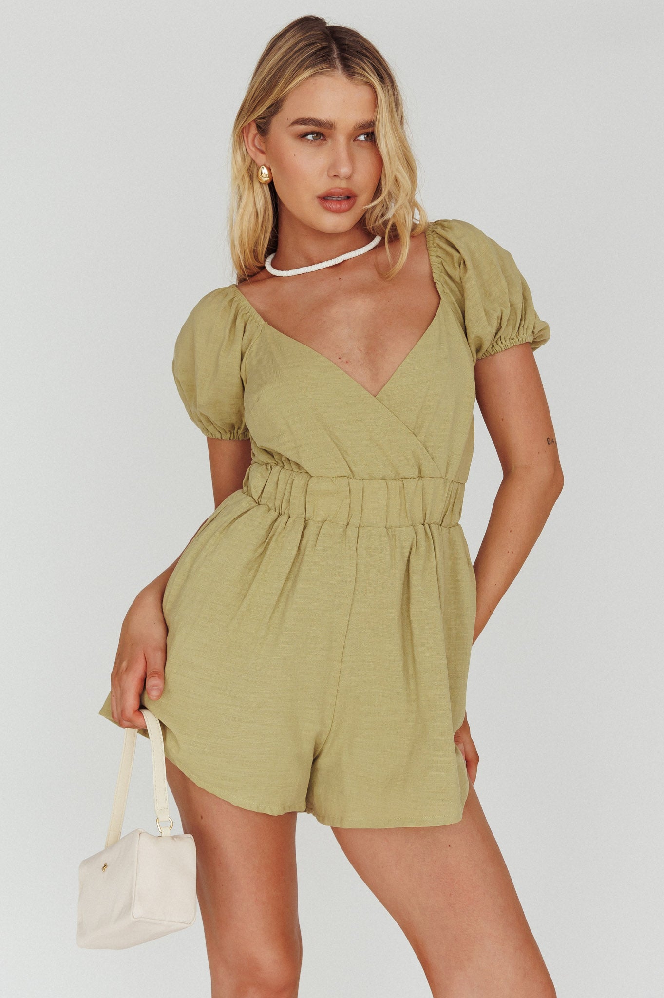 Alexis Elasticated Waist Romper Avocado– Selfie Leslie