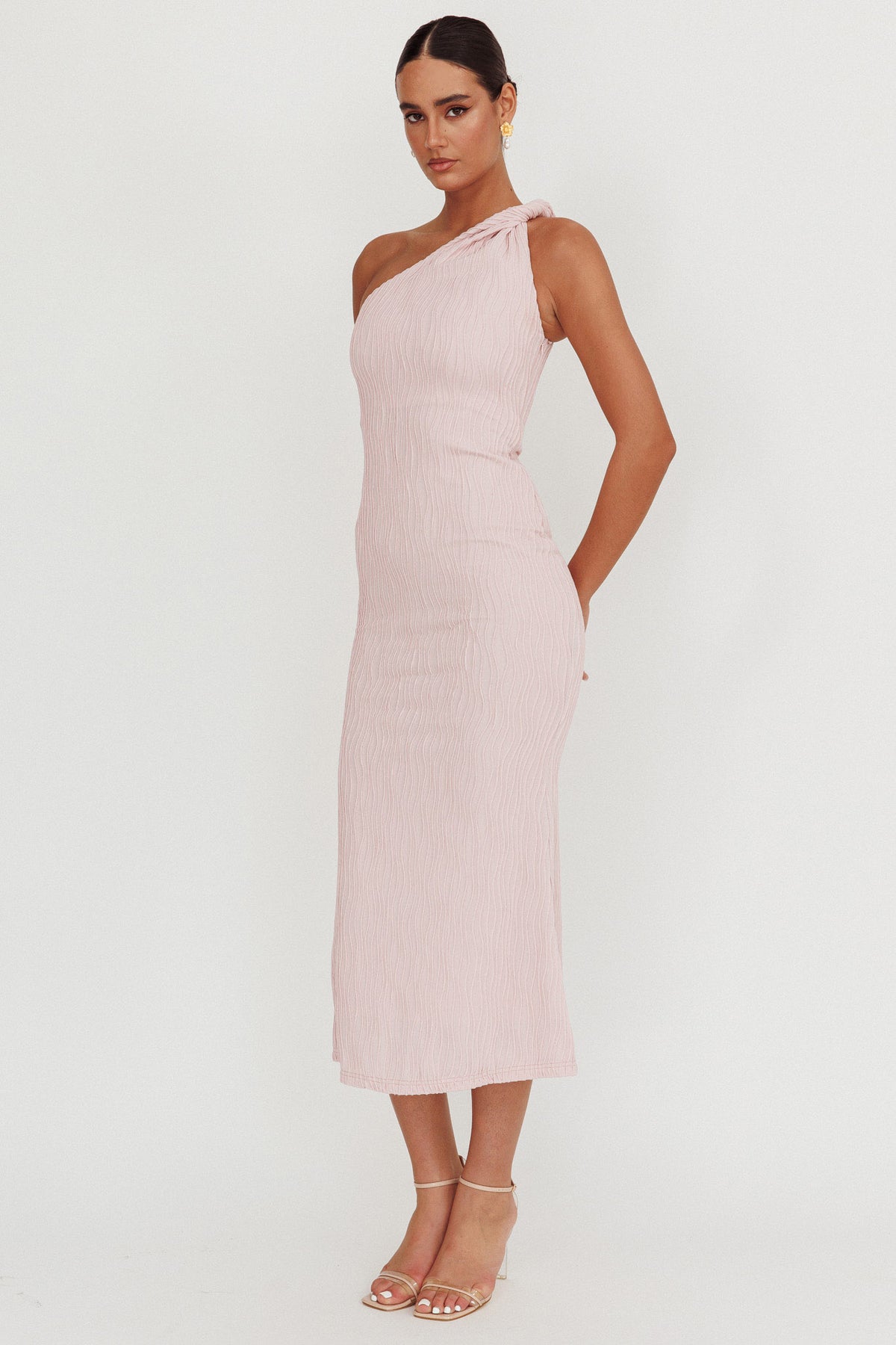 Lingering Love One-Shoulder Twist Midi Dress Blush– Selfie Leslie
