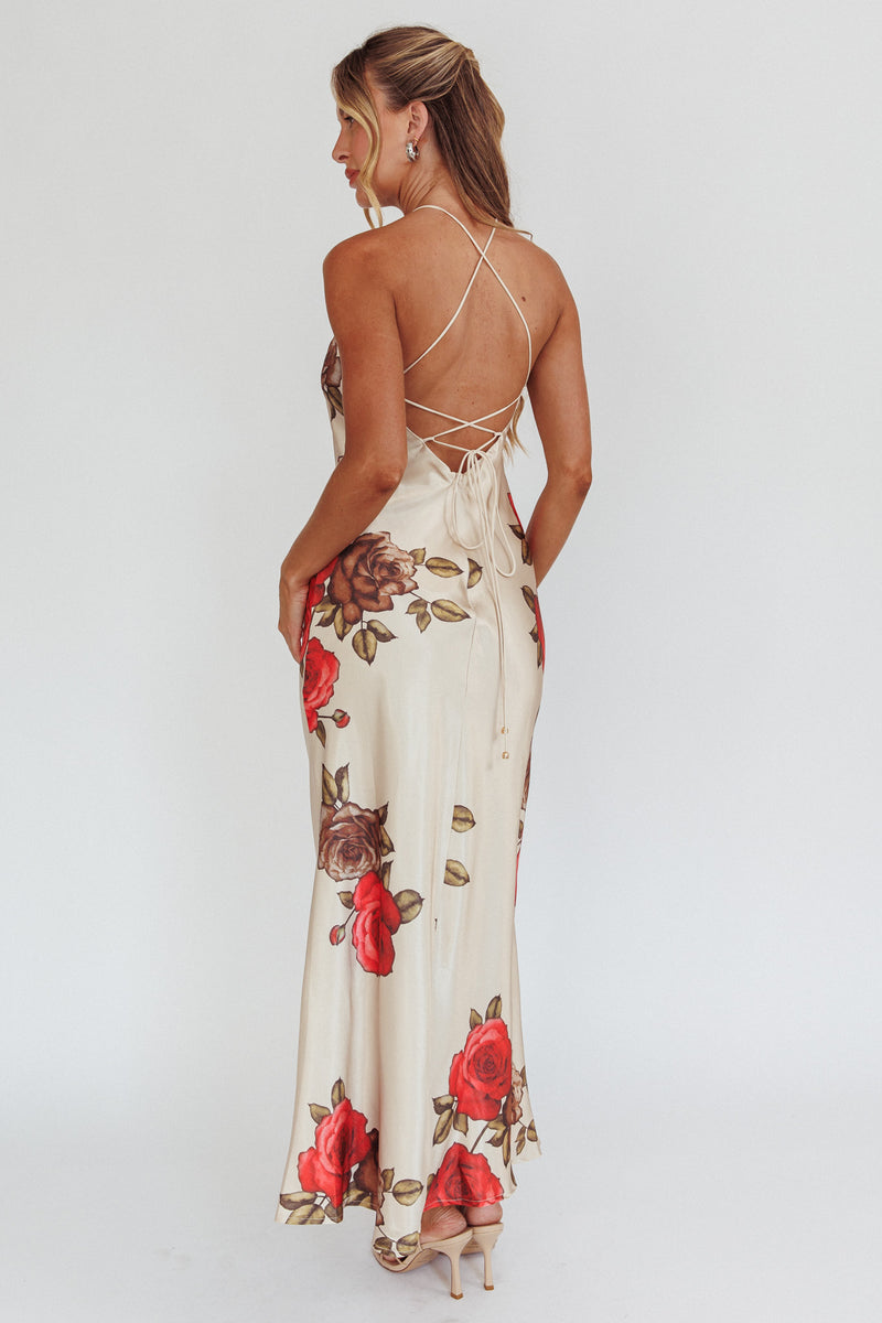 Shop the Aspen Spring Lace-Up Back Maxi Dress Floral Beige
