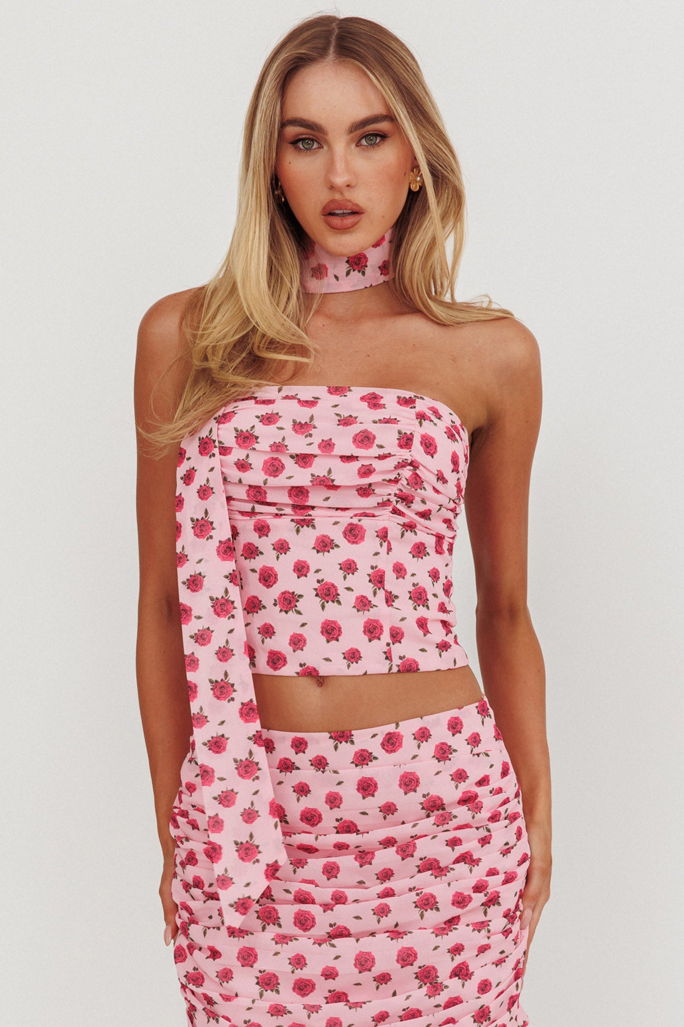 Charise Strapless Neck Tie Top Roses Pink– Selfie Leslie