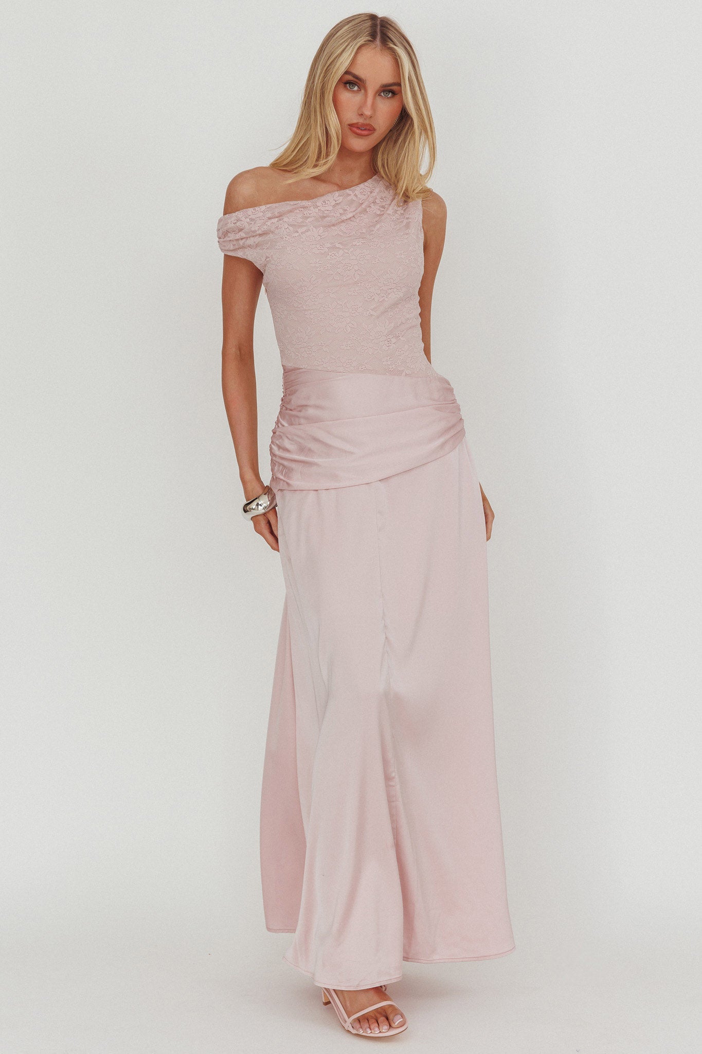 Shop the Diana Asymmetric Shoulder Pleat Waist Maxi Dress Blush