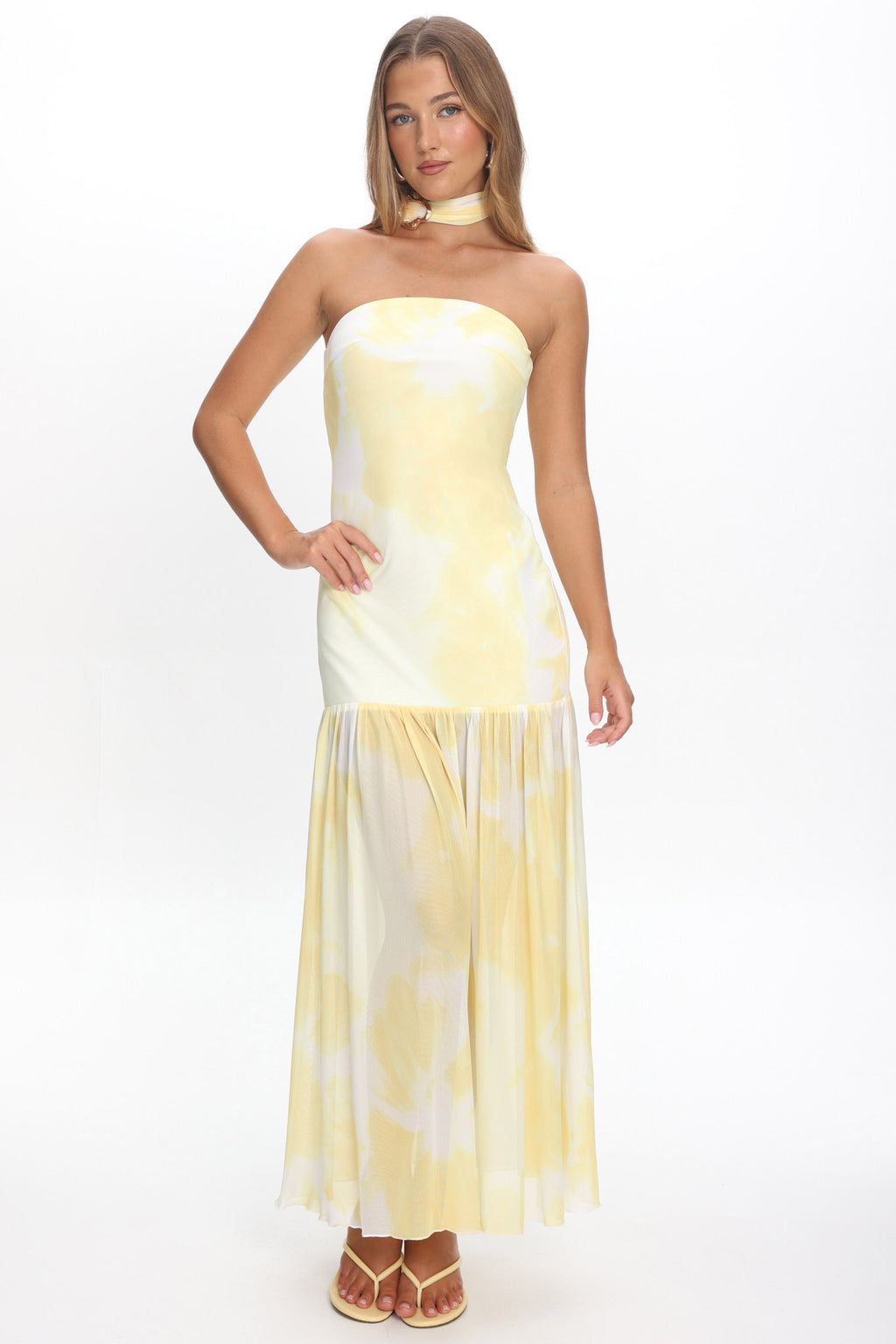 Antonella Strapless Waist Sash Maxi Dress Marbled Yellow– Selfie Leslie