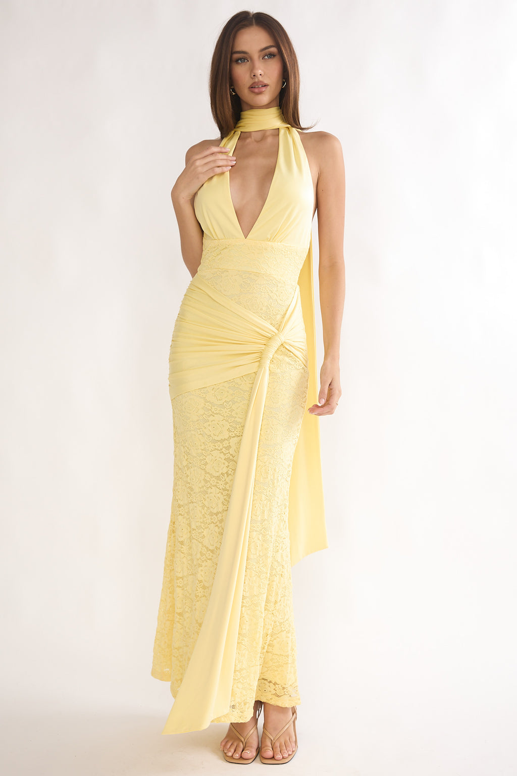 Adair Halterneck Waist Sash Maxi Dress Lace Butter | Selfie Leslie