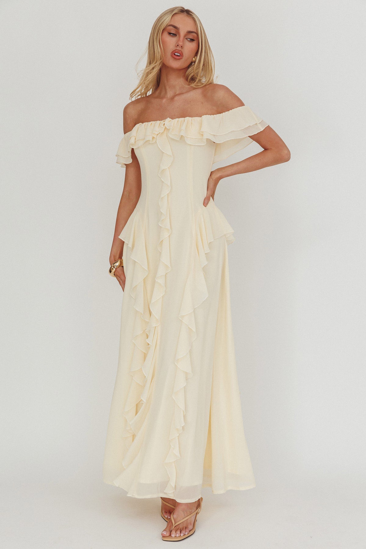 Scarlet Off-Shoulder Ruffle Trim Maxi Dress Butter | Selfie Leslie