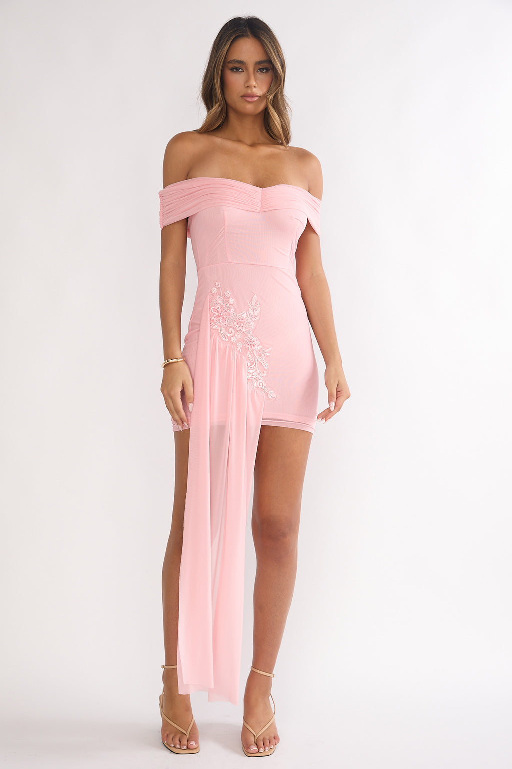 Dahlisse Off-Shoulder Sash Mini Dress Blush– Selfie Leslie