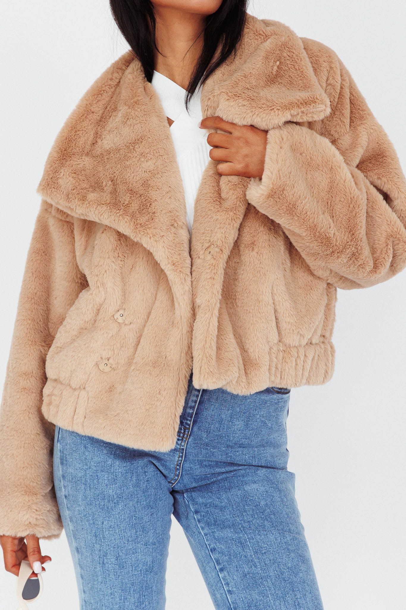 Shop the Yaro Long Sleeve Faux Fur Jacket Camel