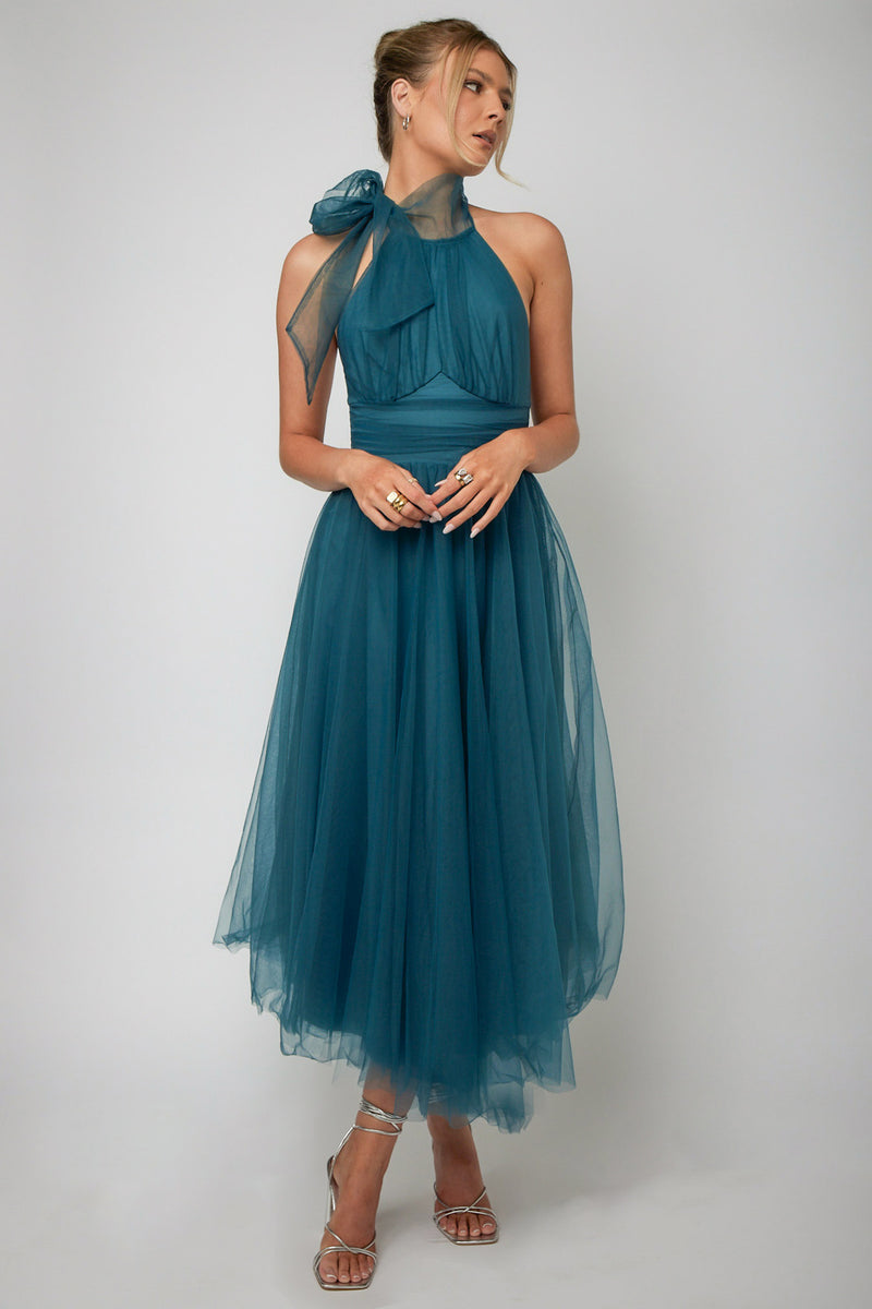 Shop the Andria Halterneck Tulle Midi Dress Teal