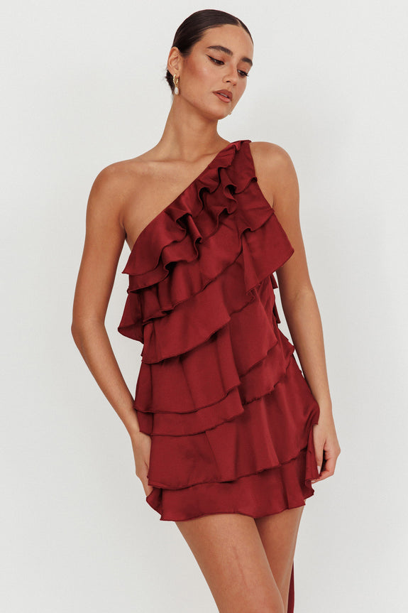 Shop the Arrabel Tiered Ruffle One Shoulder Mini Dress Wine