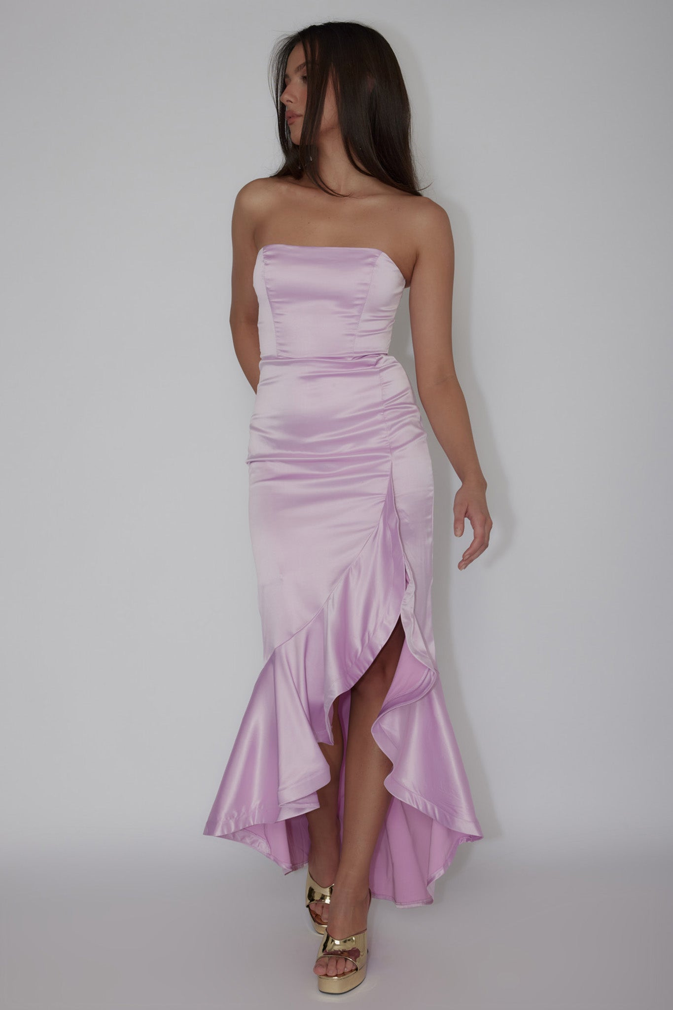 Shop the Diony Strapless Ruffle Hem Midi Dress Pink