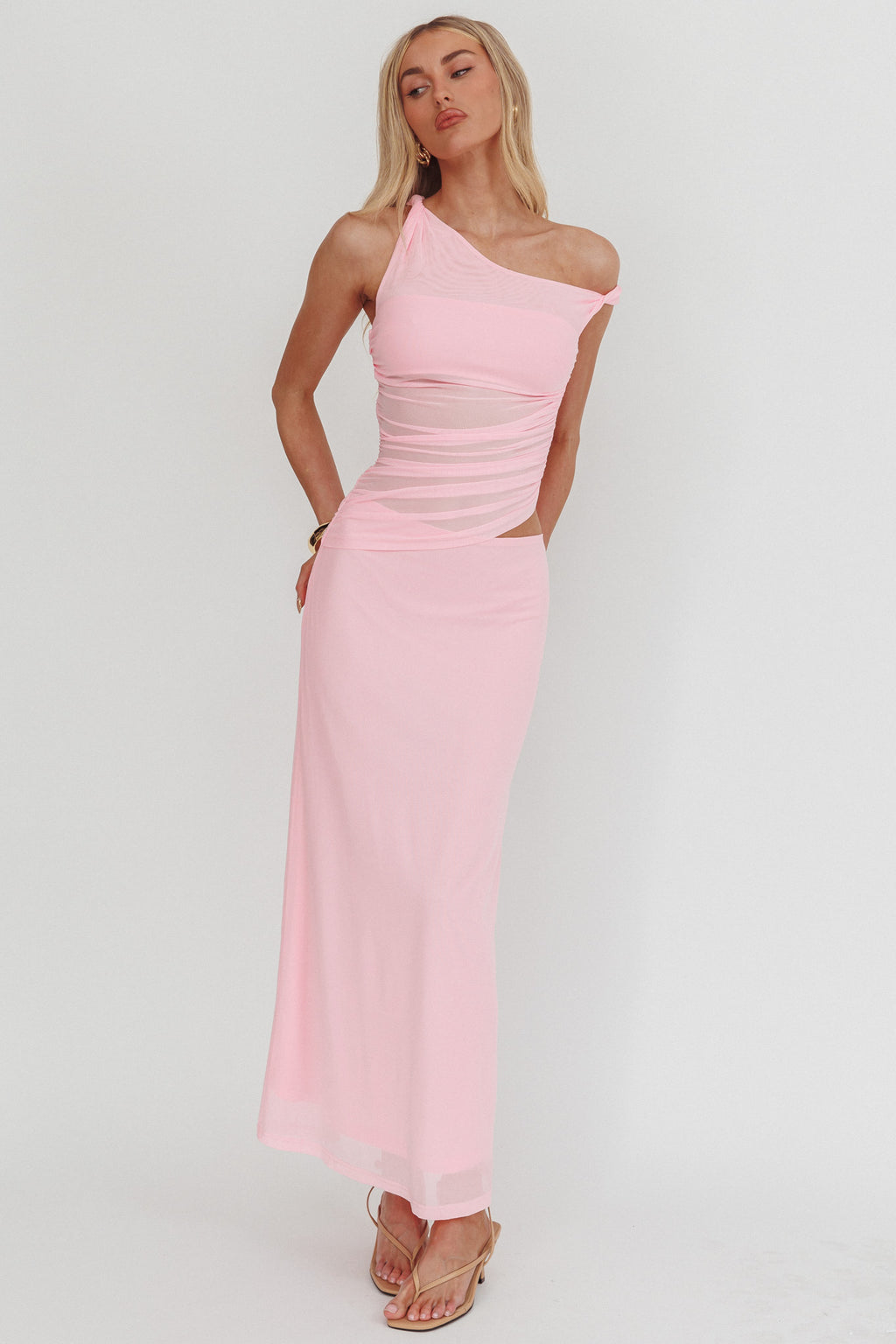 Lorely Ruched Bodice Twist Strap Maxi Dress Pink | Selfie Leslie