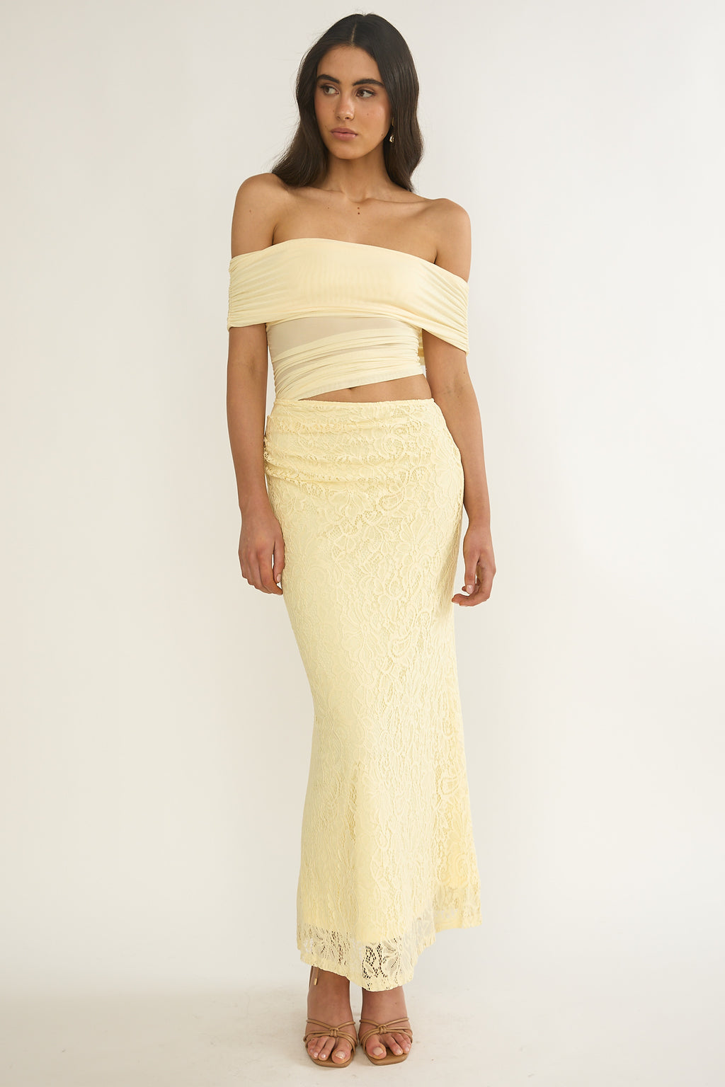 Lorely Off-Shoulder Lace Maxi Dress Butter– Selfie Leslie