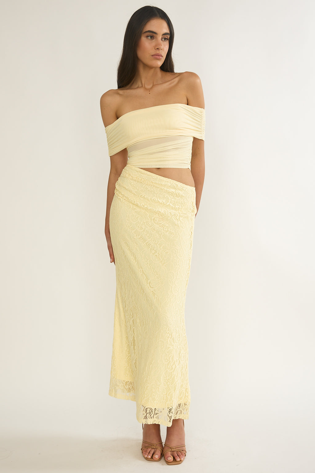 Lorely Off-Shoulder Lace Maxi Dress Butter– Selfie Leslie