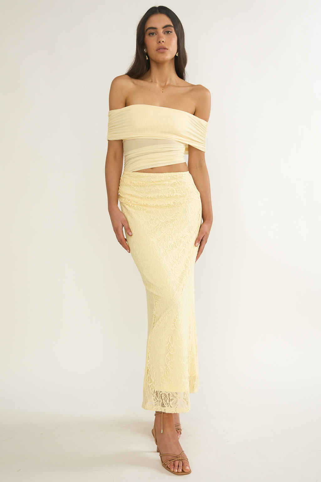 Lorely Off-Shoulder Lace Maxi Dress Butter– Selfie Leslie