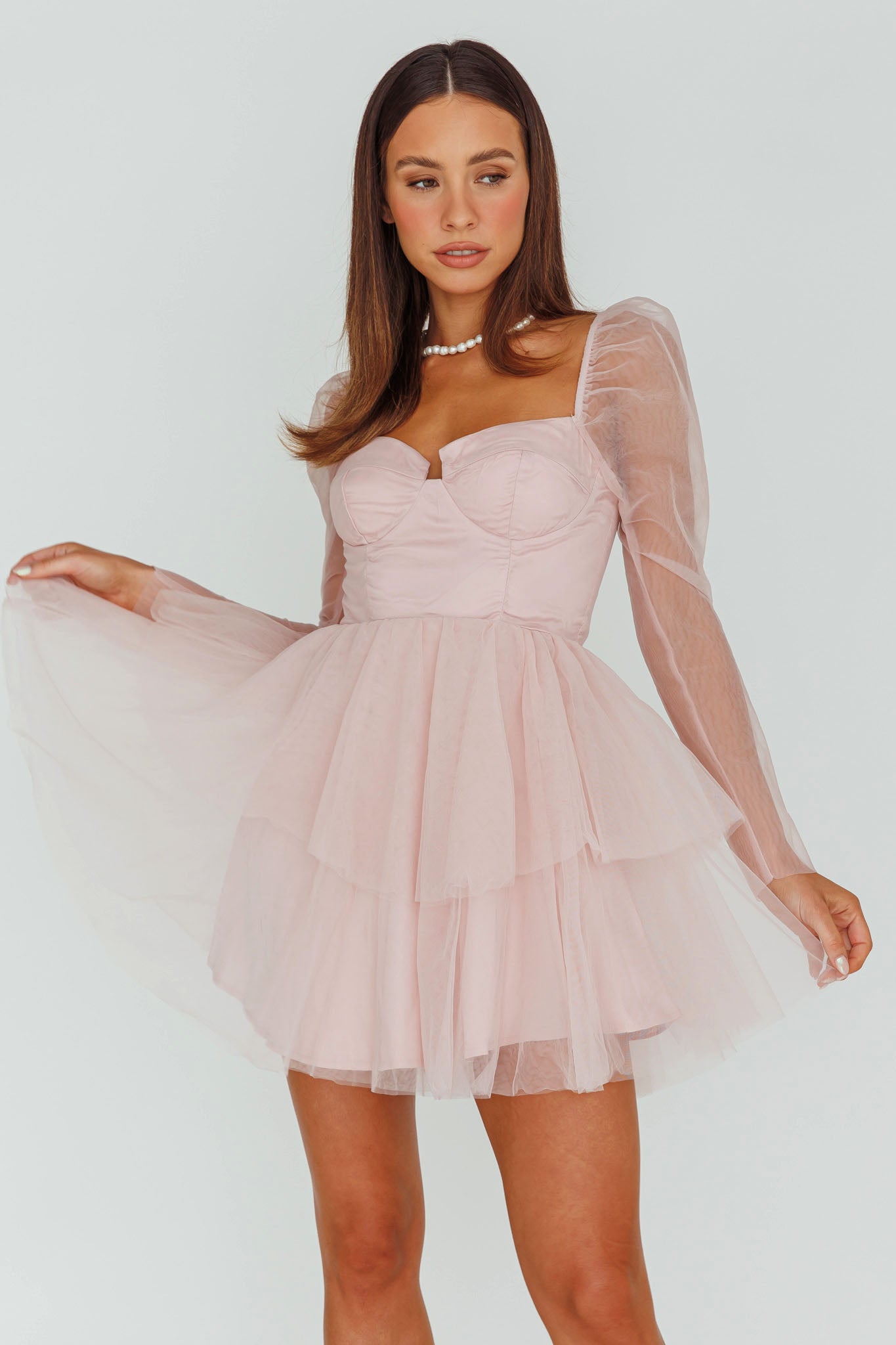 Shop the Veola Long Sleeve Tulle Mini Dress Blush