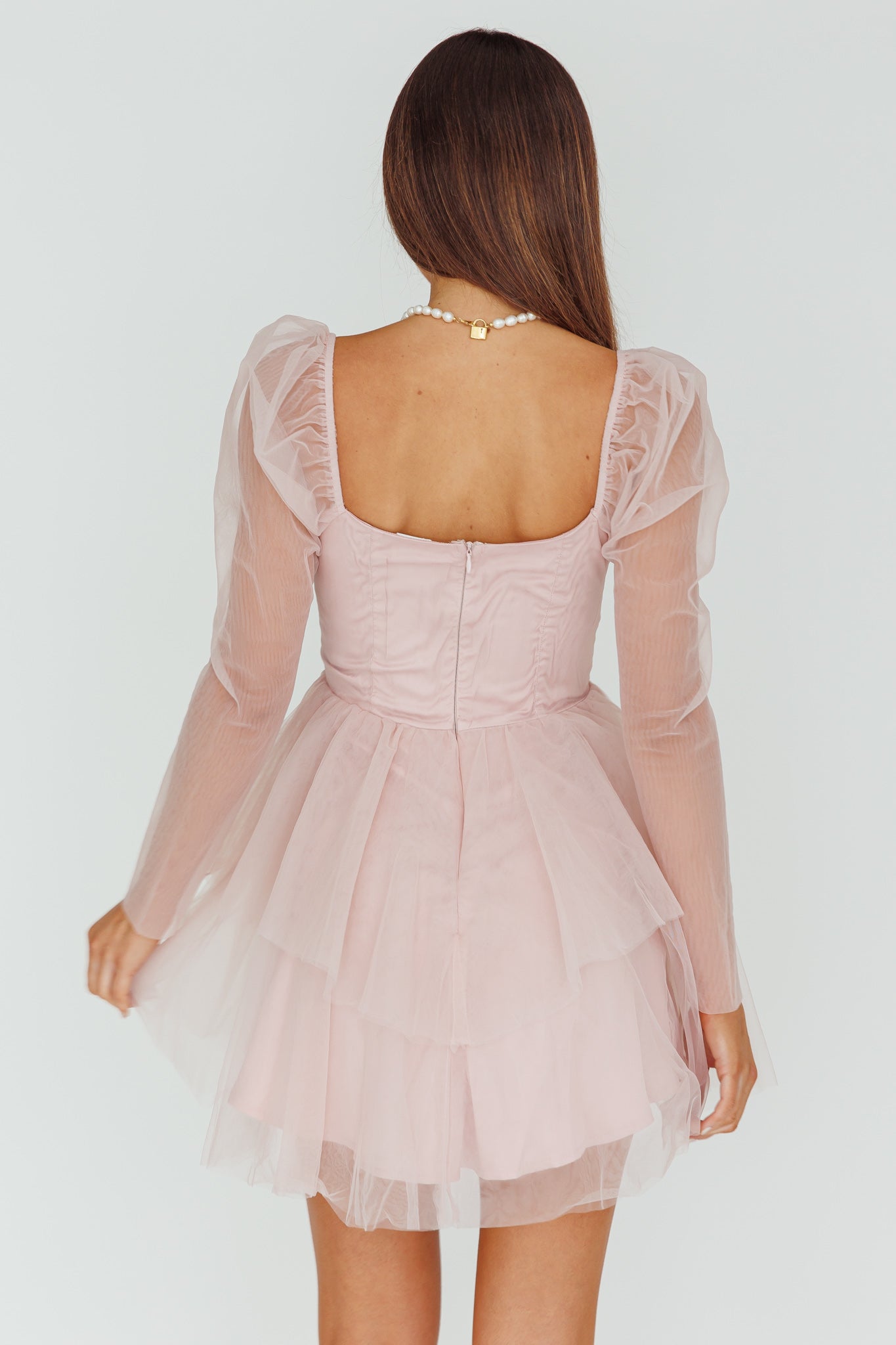 Shop the Veola Long Sleeve Tulle Mini Dress Blush