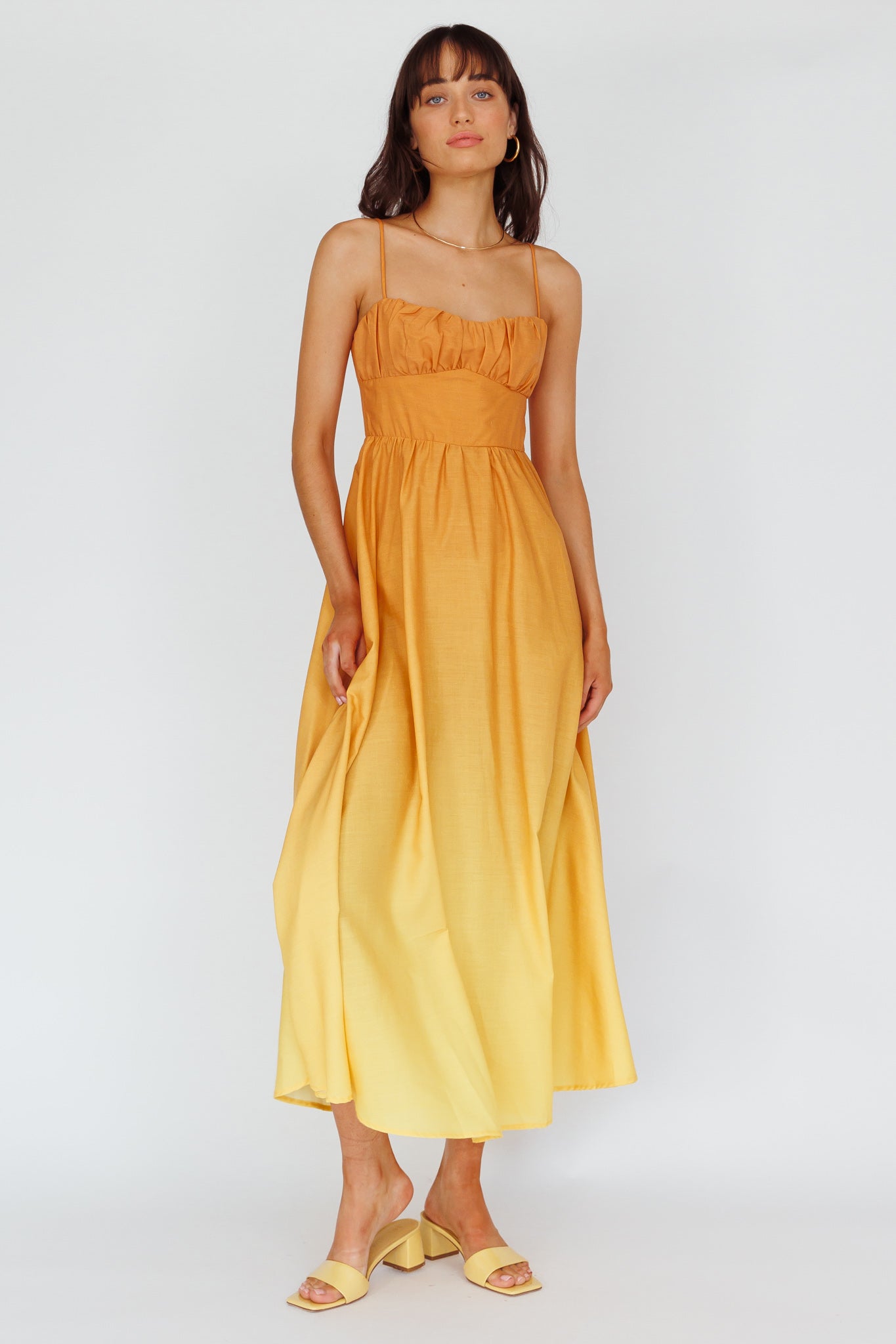 Shop the Clarabelle Gathered Bust Midi Dress Gradient Orange