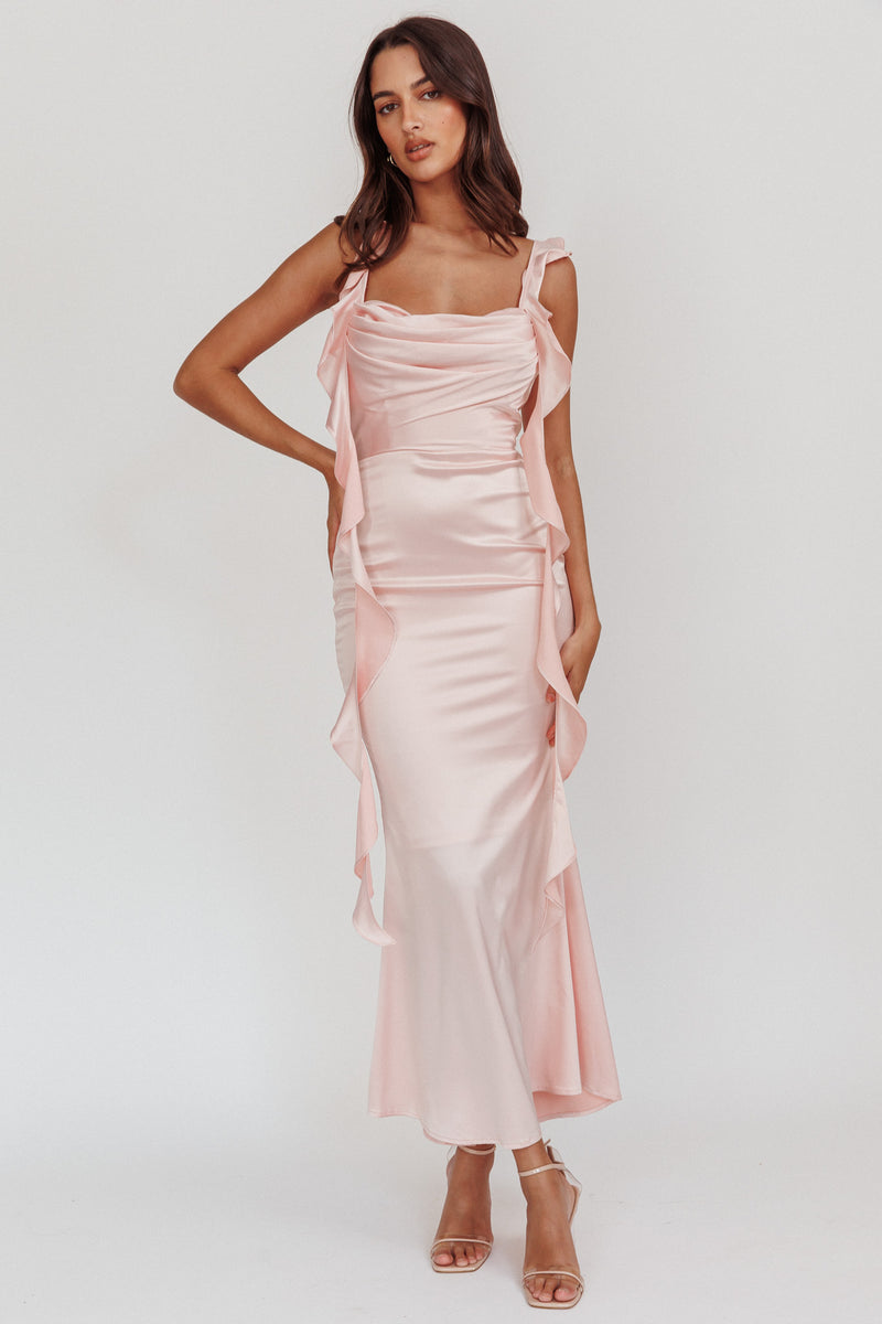 Shop the Blushing Ruffle Trim Midi Dress Baby Pink