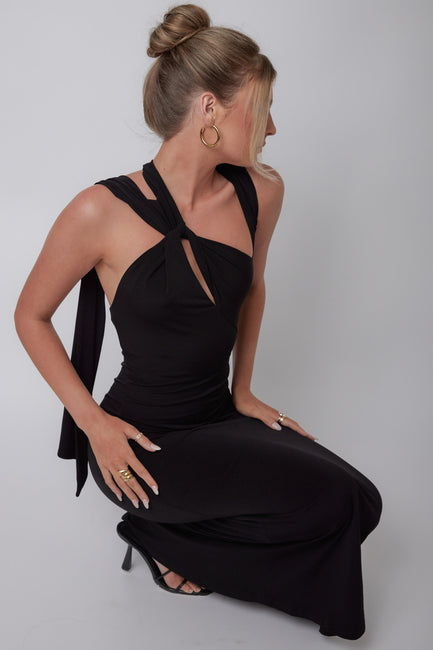 Shop the Karyl Shoulder Sash Midi Dress Black | Selfie Leslie